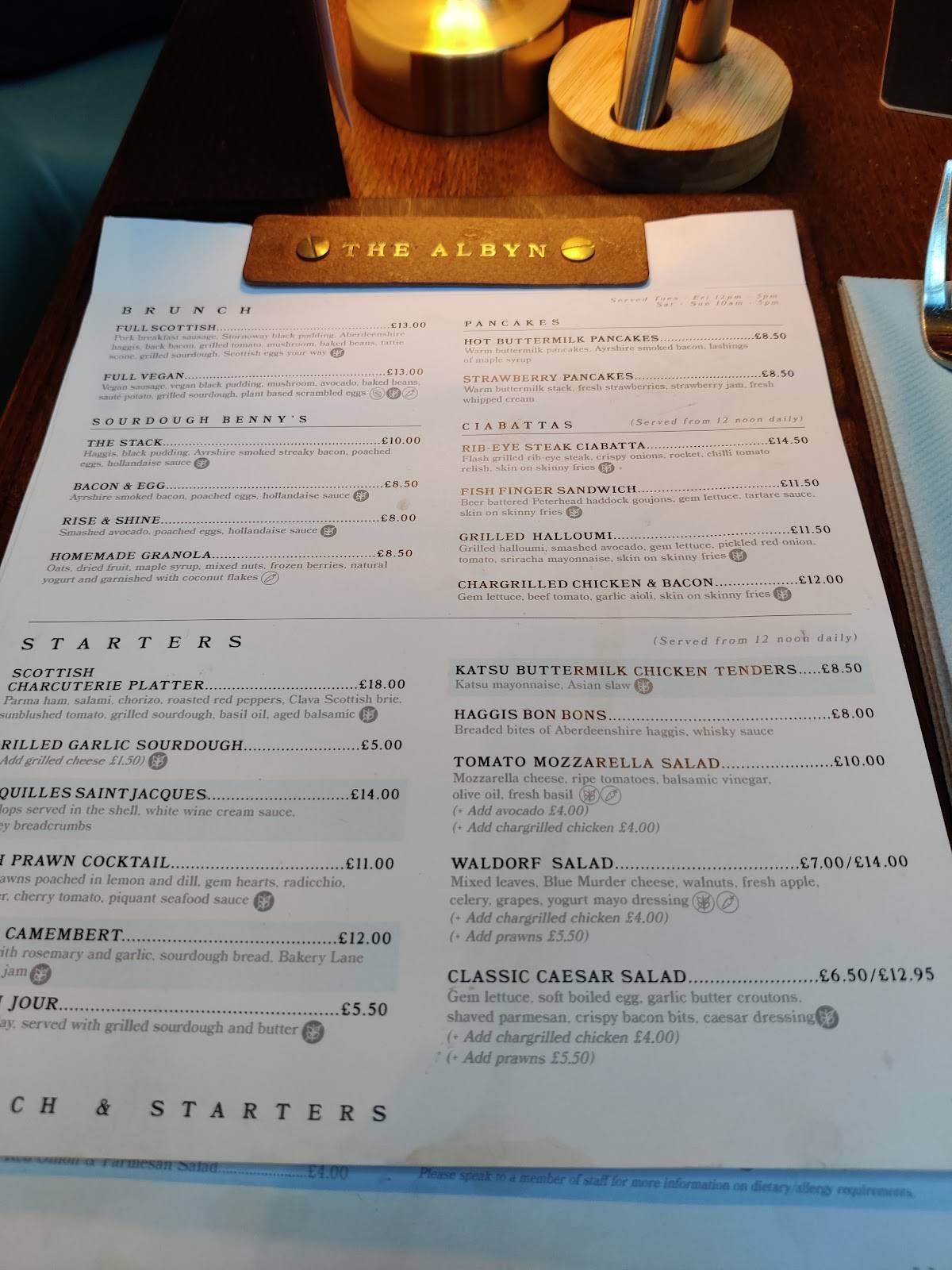 Menu at The Albyn restaurant, Aberdeen