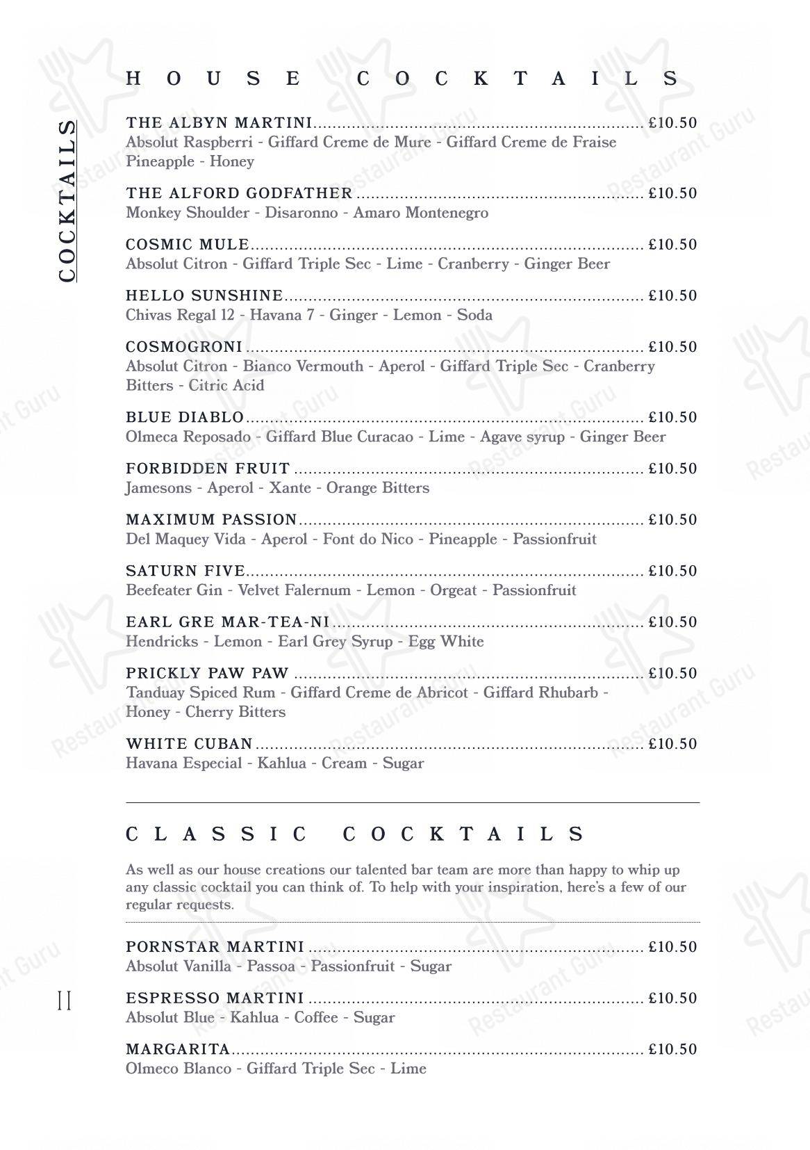 Menu at The Albyn restaurant, Aberdeen