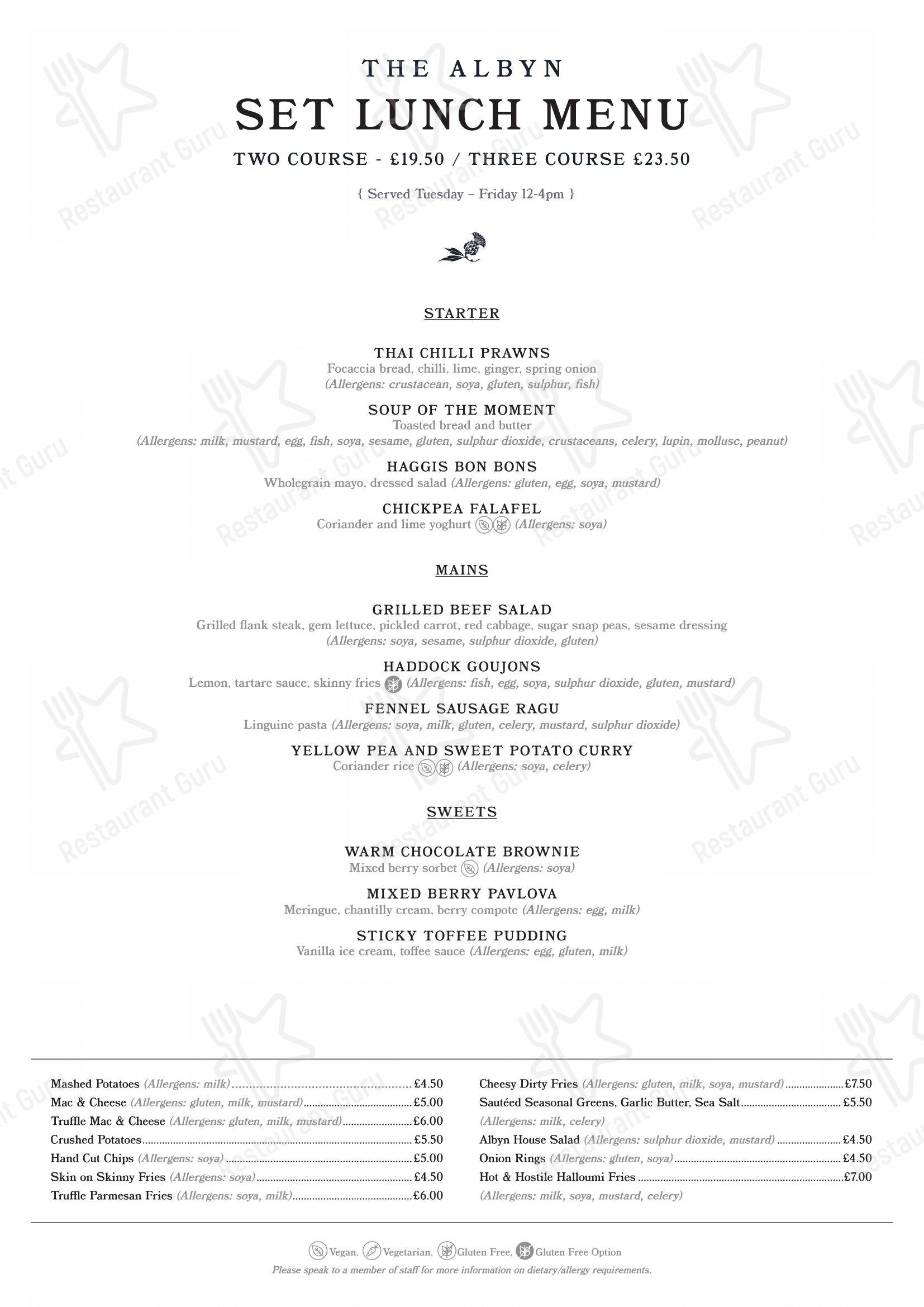 Menu at The Albyn restaurant, Aberdeen