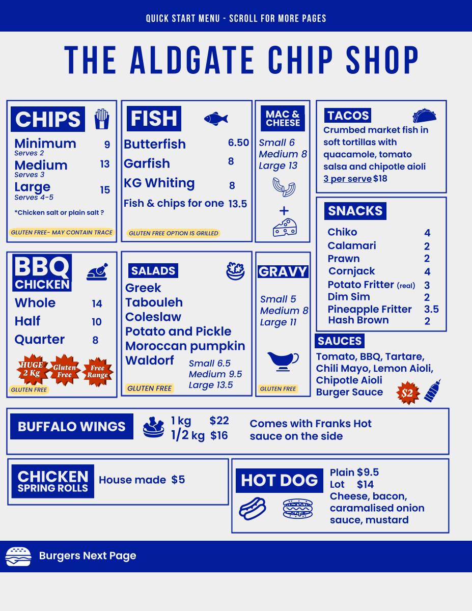 Menu at The Aldgate Chip Shop fast food, Aldgate