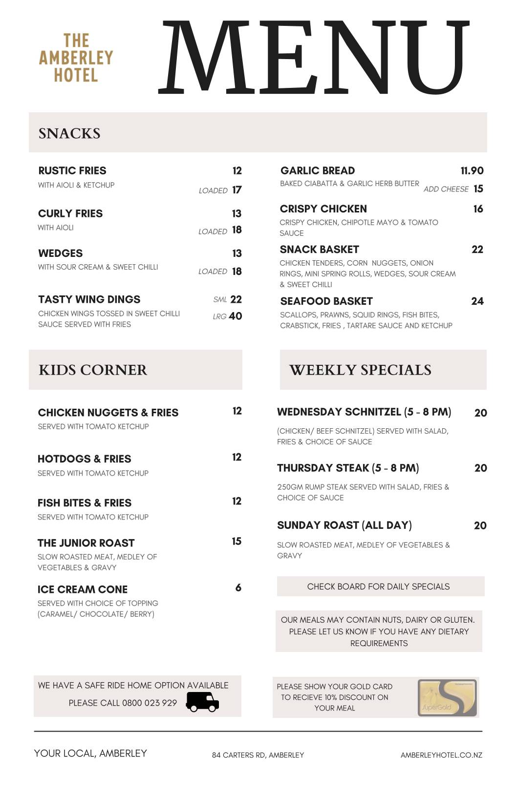 Menu at The Amberley Hotel restaurant, Amberley