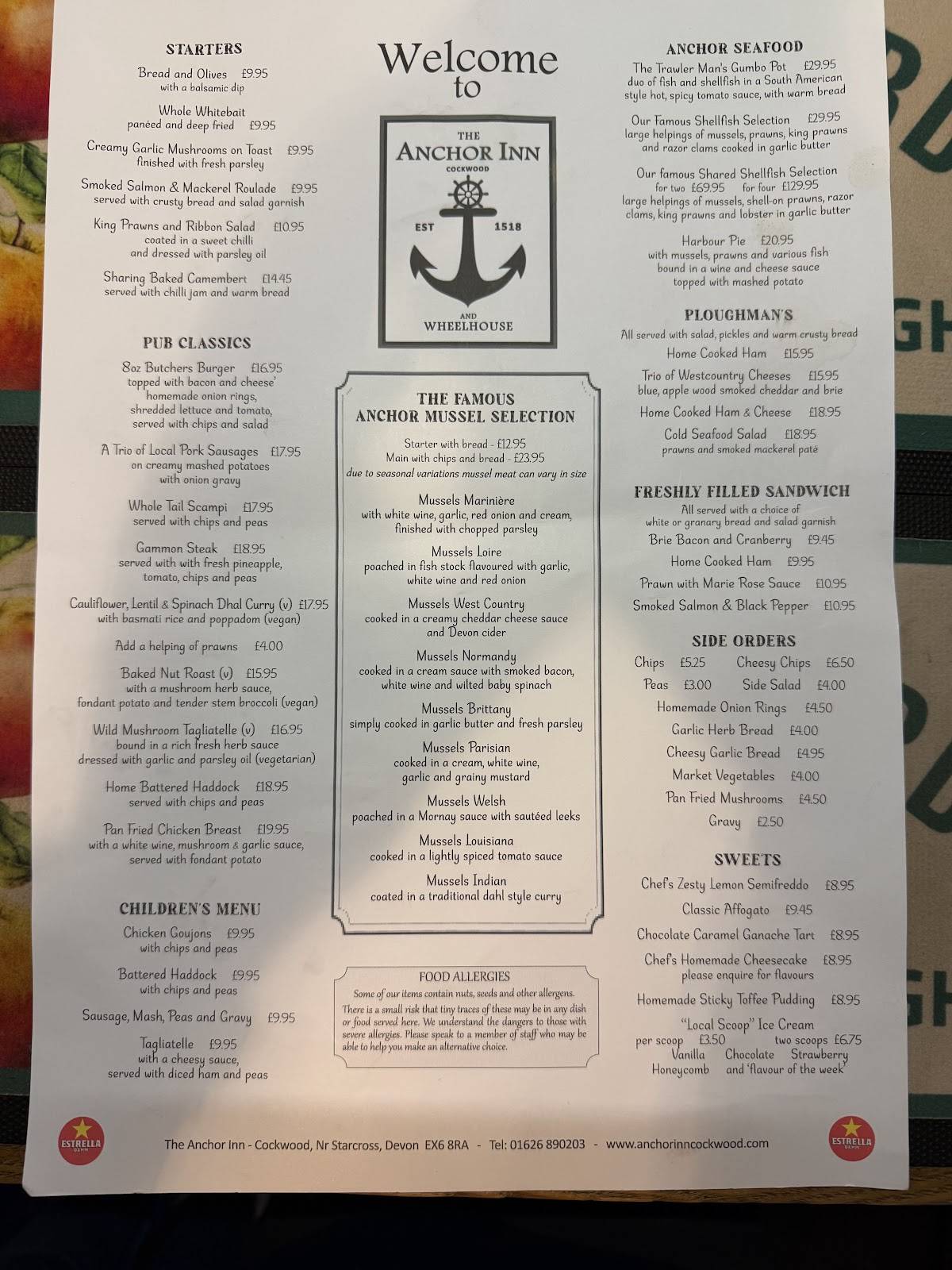 Menu at The Anchor Inn pub & bar, Exmouth