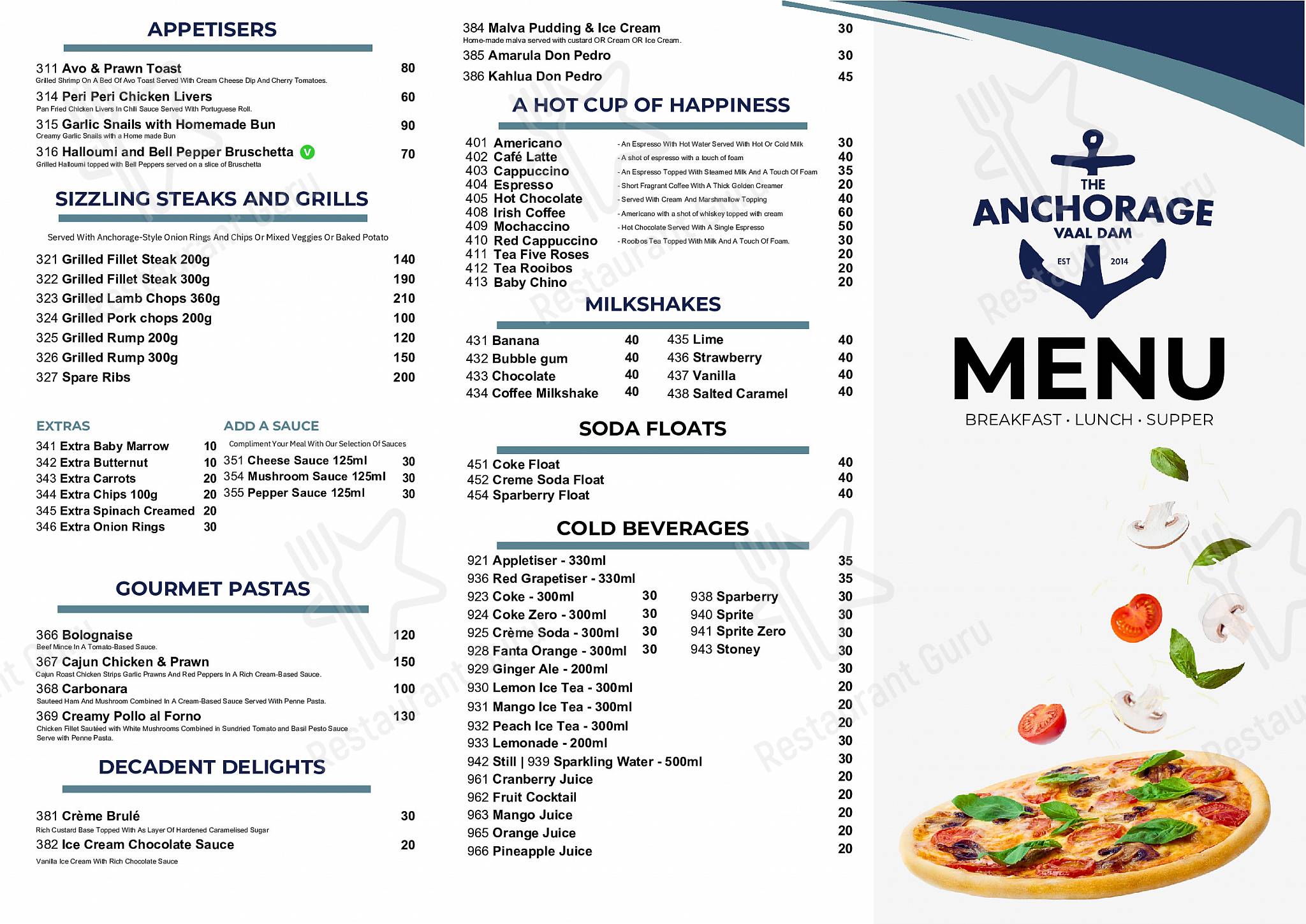 Menu at The Anchorage pizzeria, Vaal Marina