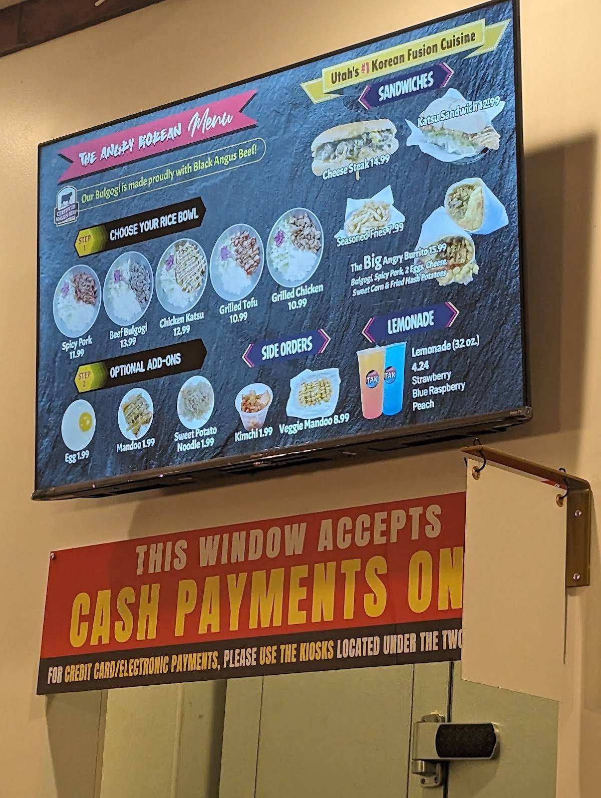 Menu at The Angry Korean restaurant, Cottonwood Heights