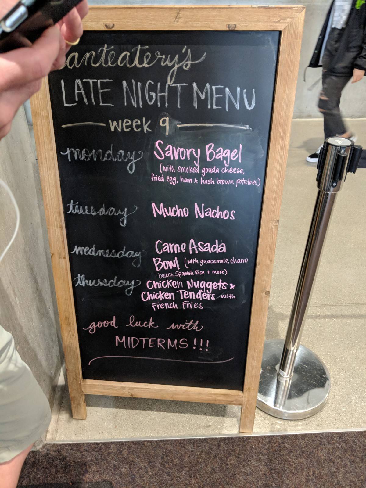 Menu at The Anteatery cafeteria, Irvine