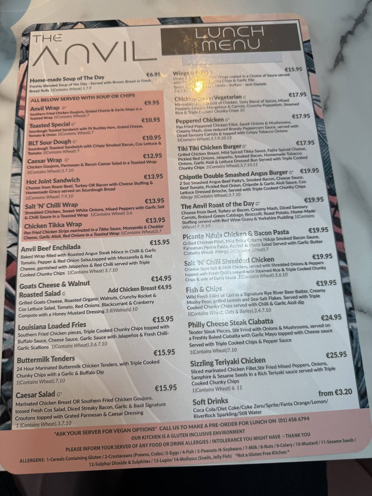 Menu at The Anvil Restaurant, Saggart