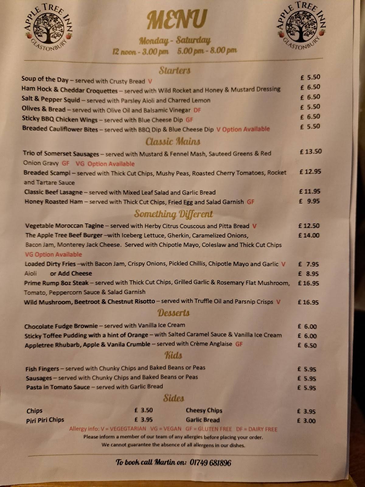 Menu at The Apple Tree Inn pub & bar, West Pennard