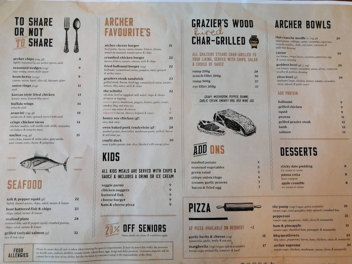 Menu at The Archer Hotel pub & bar, North Adelaide, 60 O'Connell St