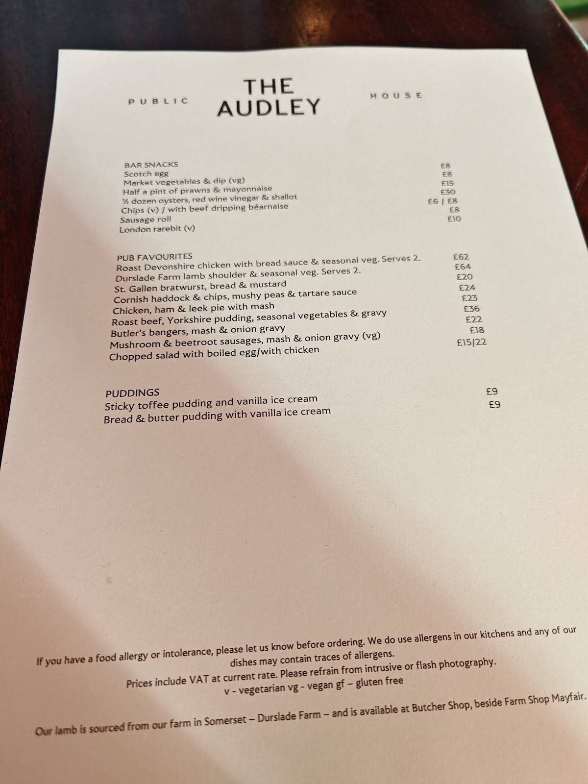 Menu at The Audley Public House, London