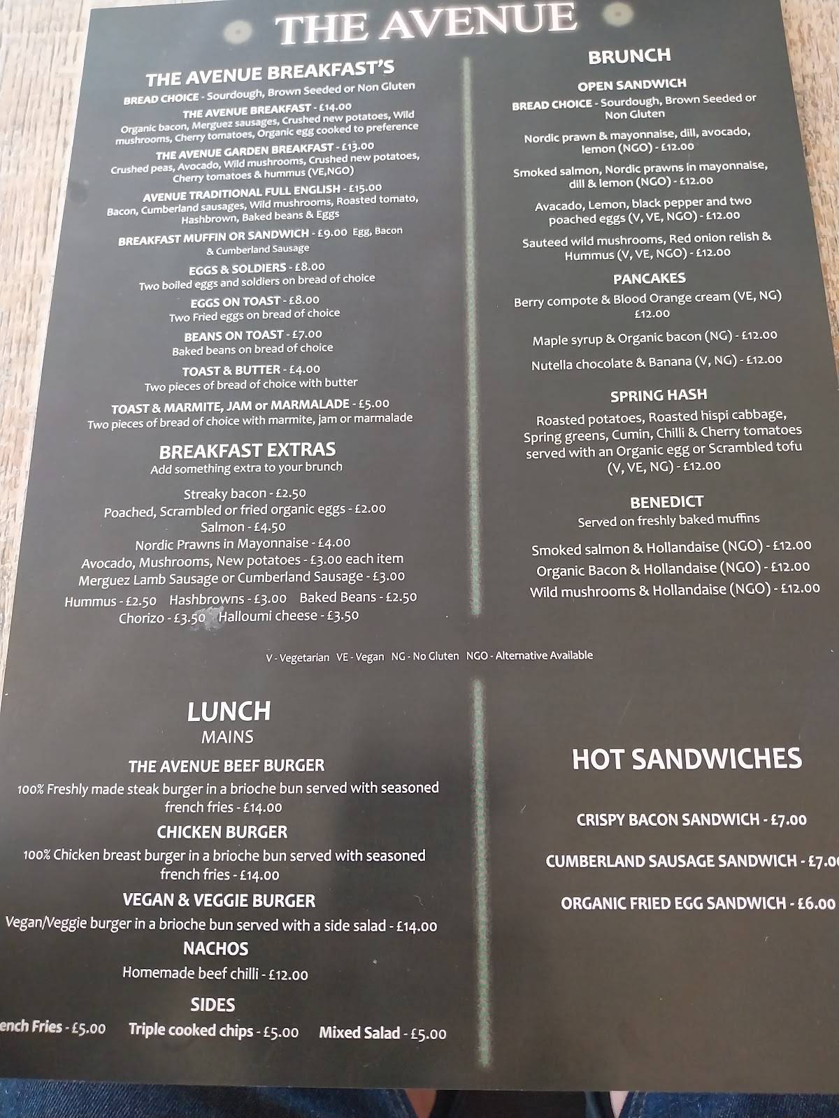 Menu at The Avenue cafe, Brighton