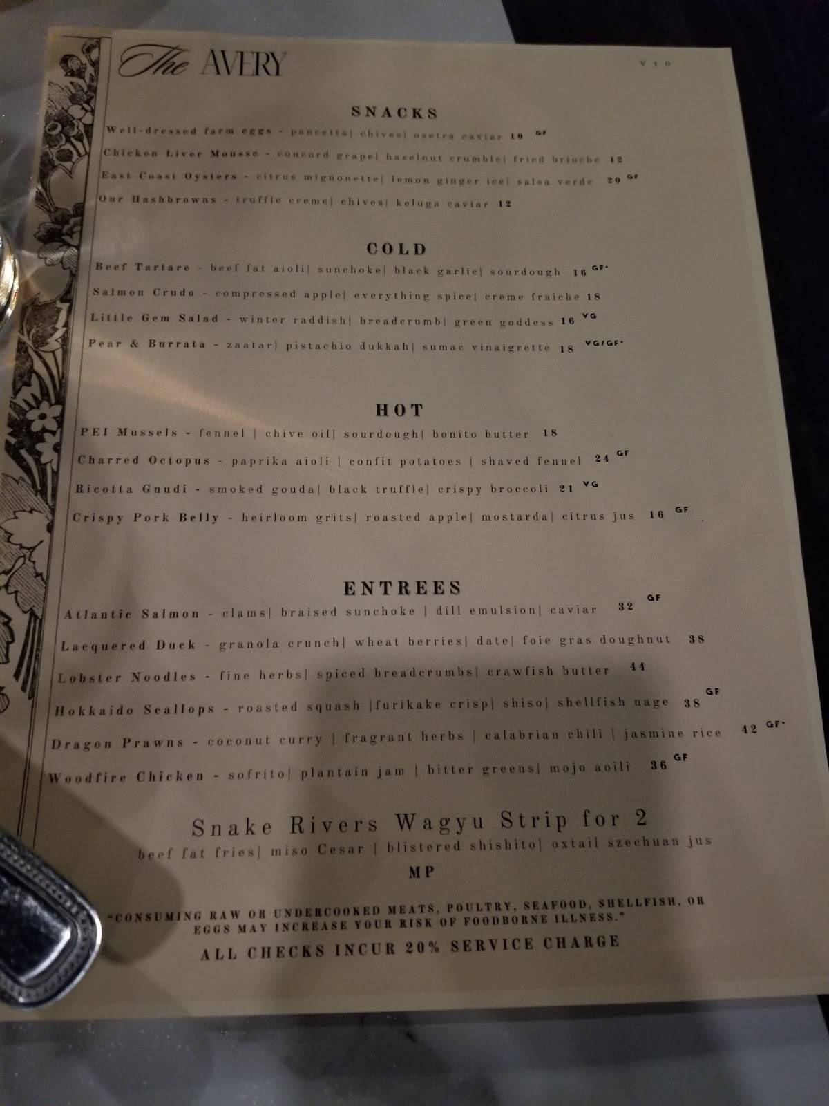 Menu at The Avery restaurant, Philadelphia