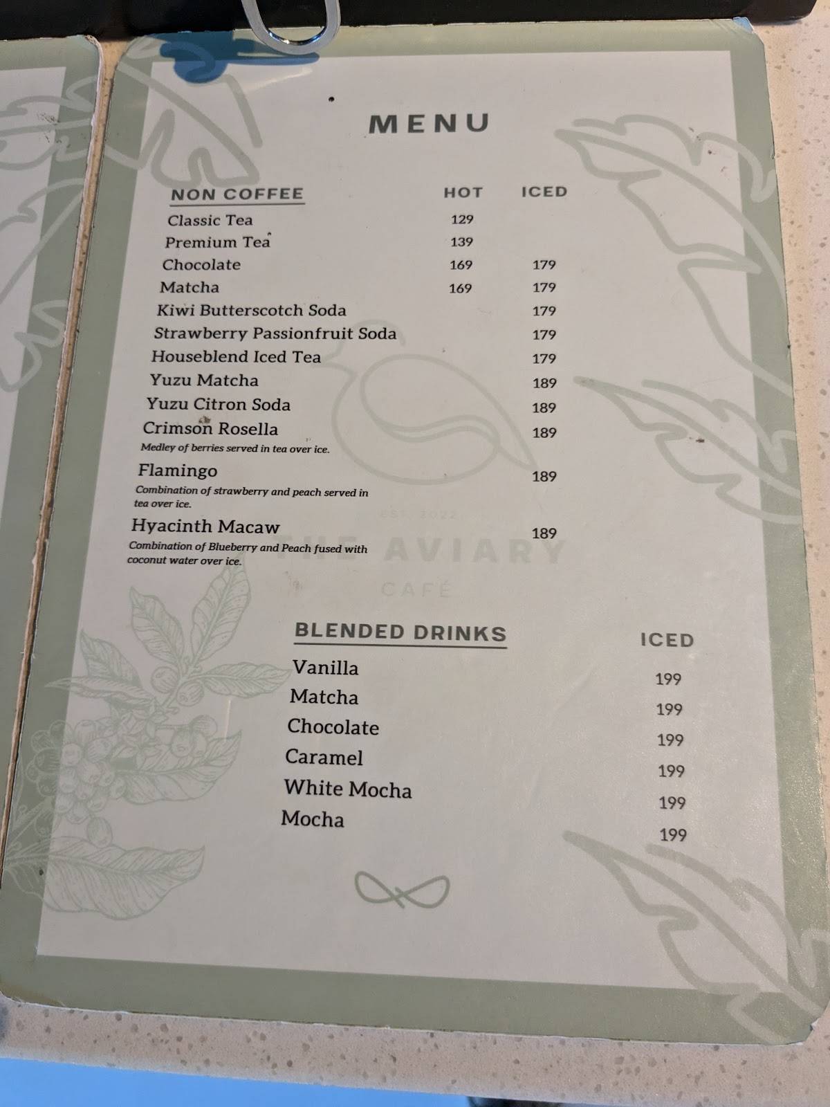 Carta de The Aviary Cafe, Manila
