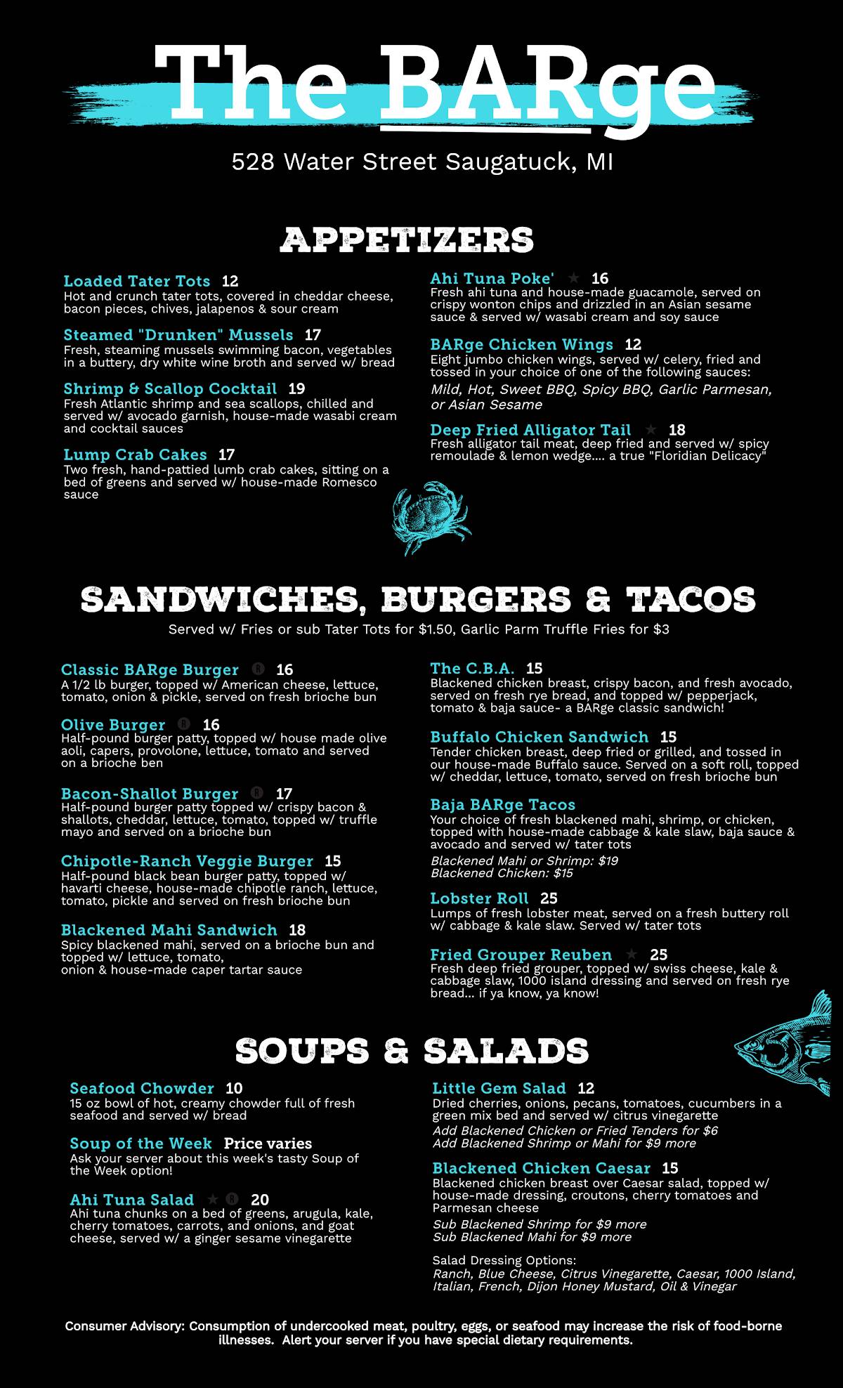Menu at The BARge, Saugatuck