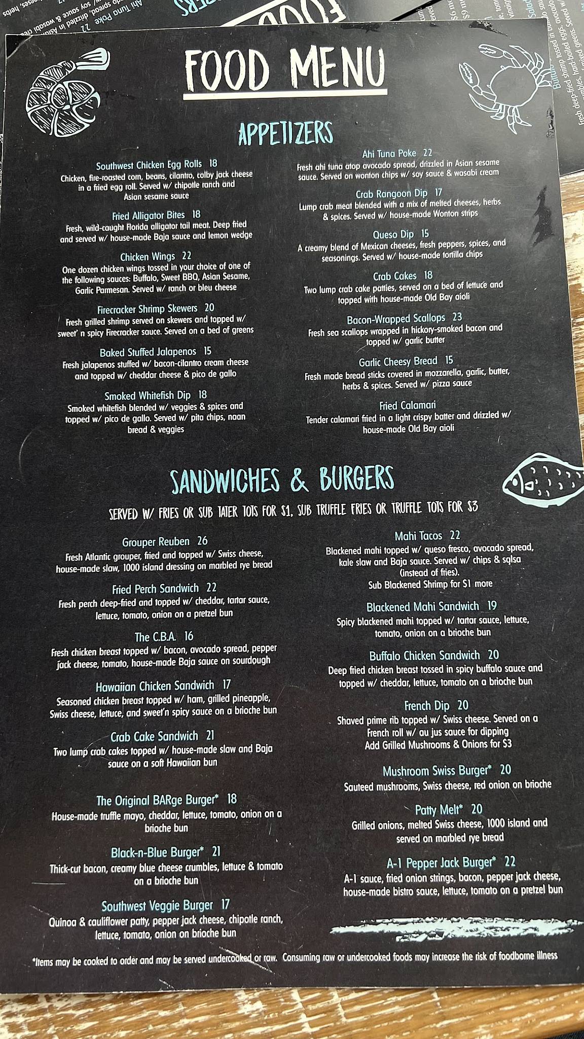 Menu at The BARge, Saugatuck