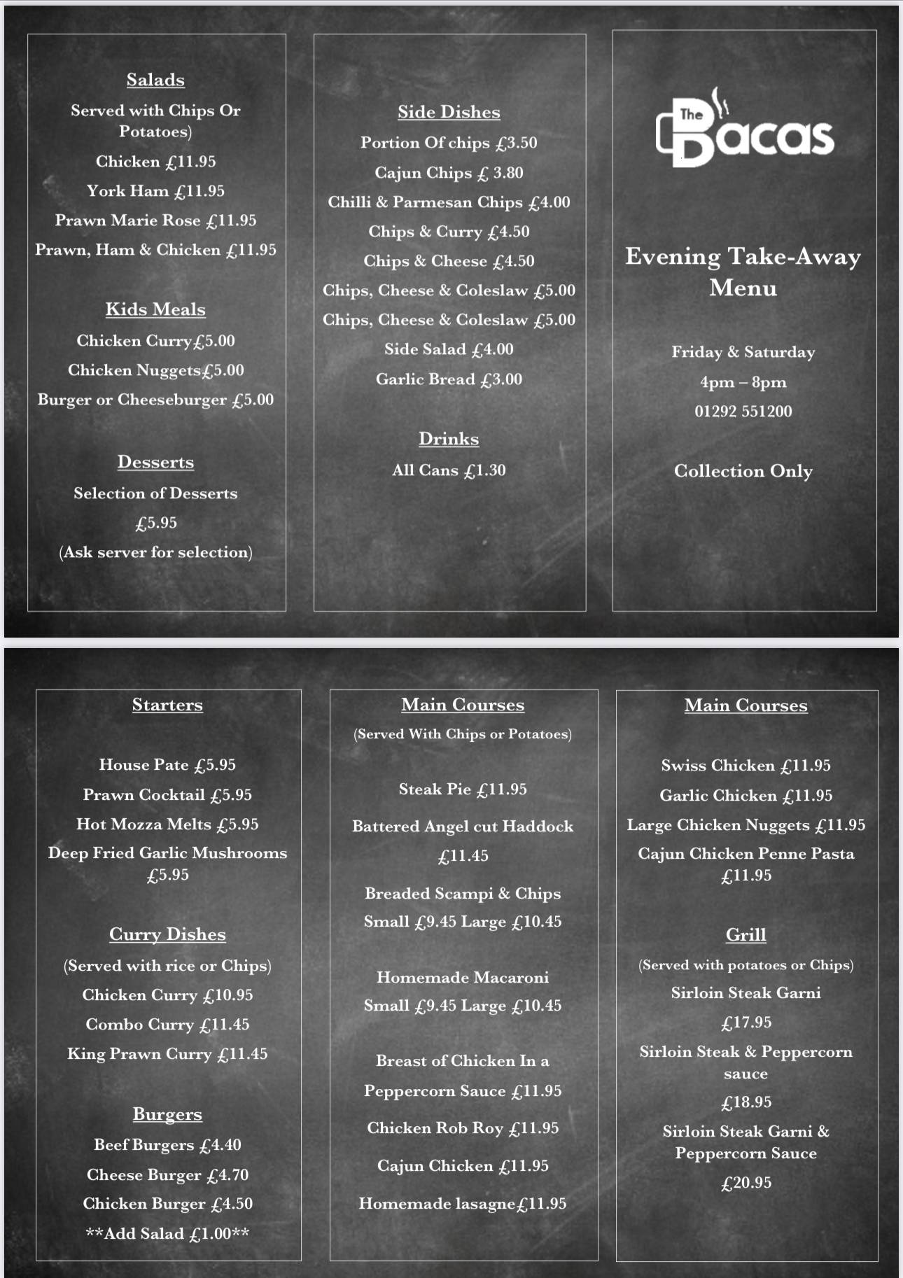 Menu at The Bacas cafe, Dalmellington