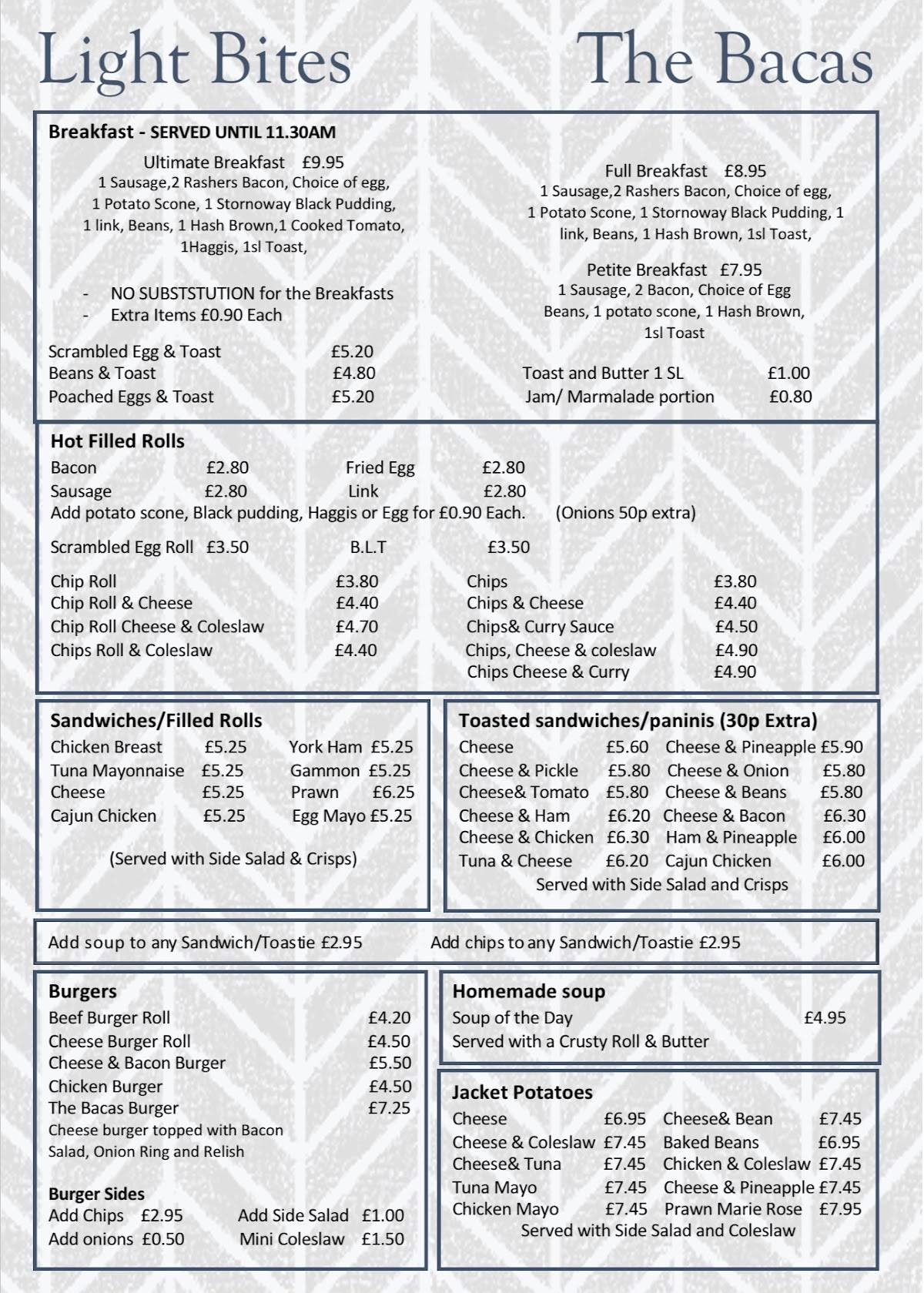 Menu at The Bacas cafe, Dalmellington