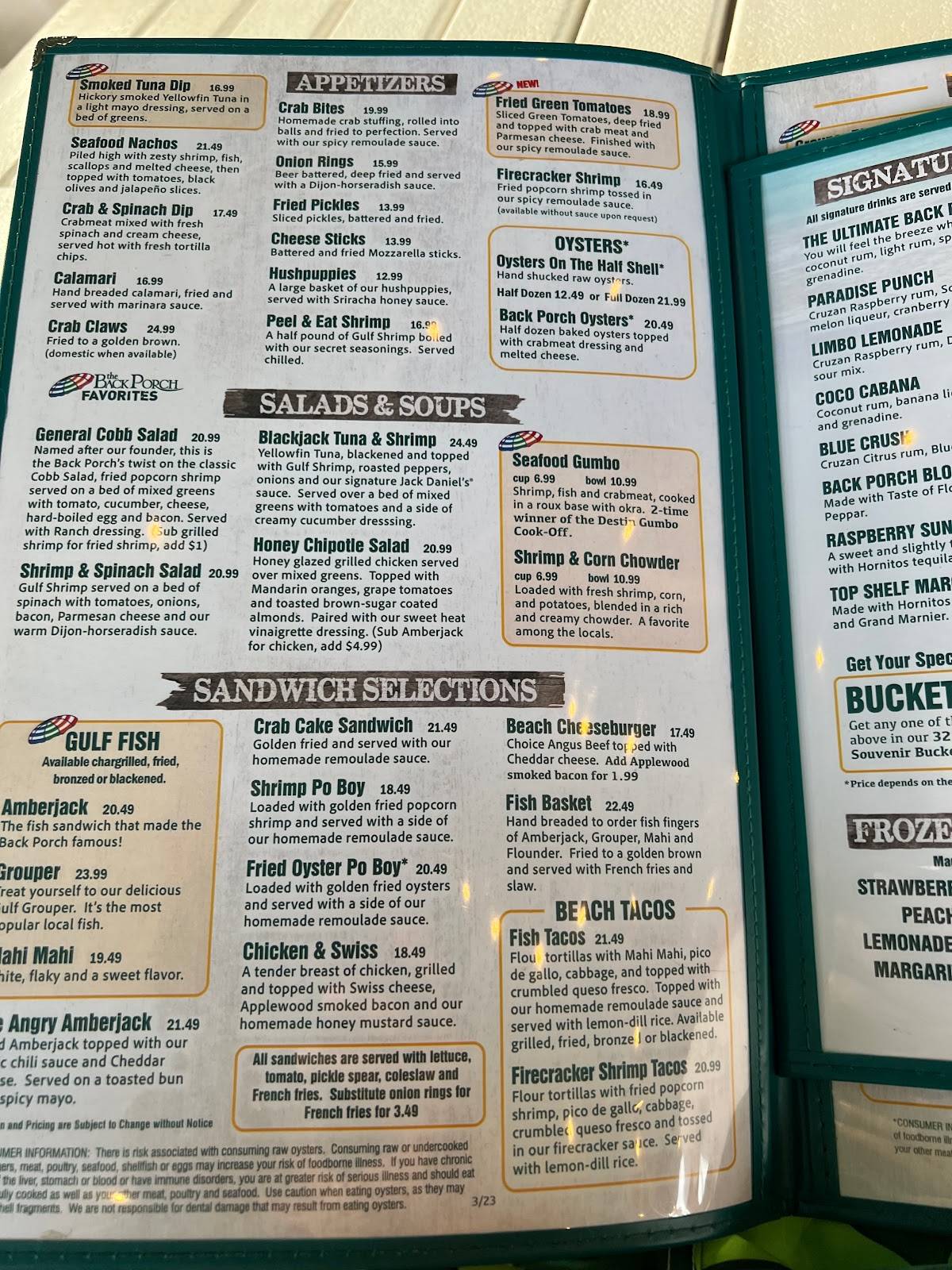 Menu at The Back Porch Seafood & Oyster House restaurant, Panama City ...