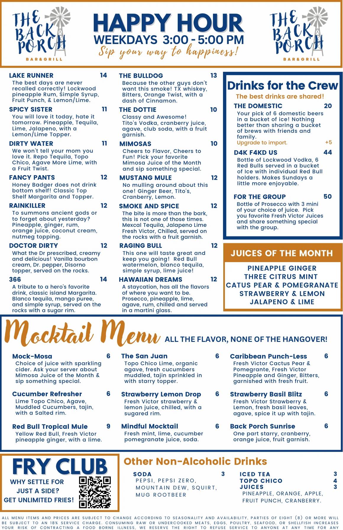 Menu at The Back Porch pub & bar, Royse City