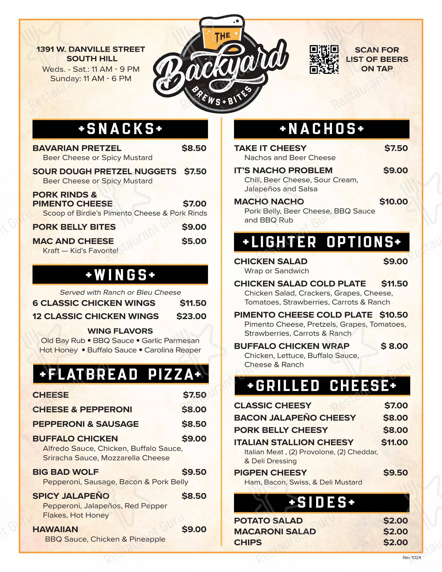 Menu at The Backyard Brews & Bites pub & bar, South Hill