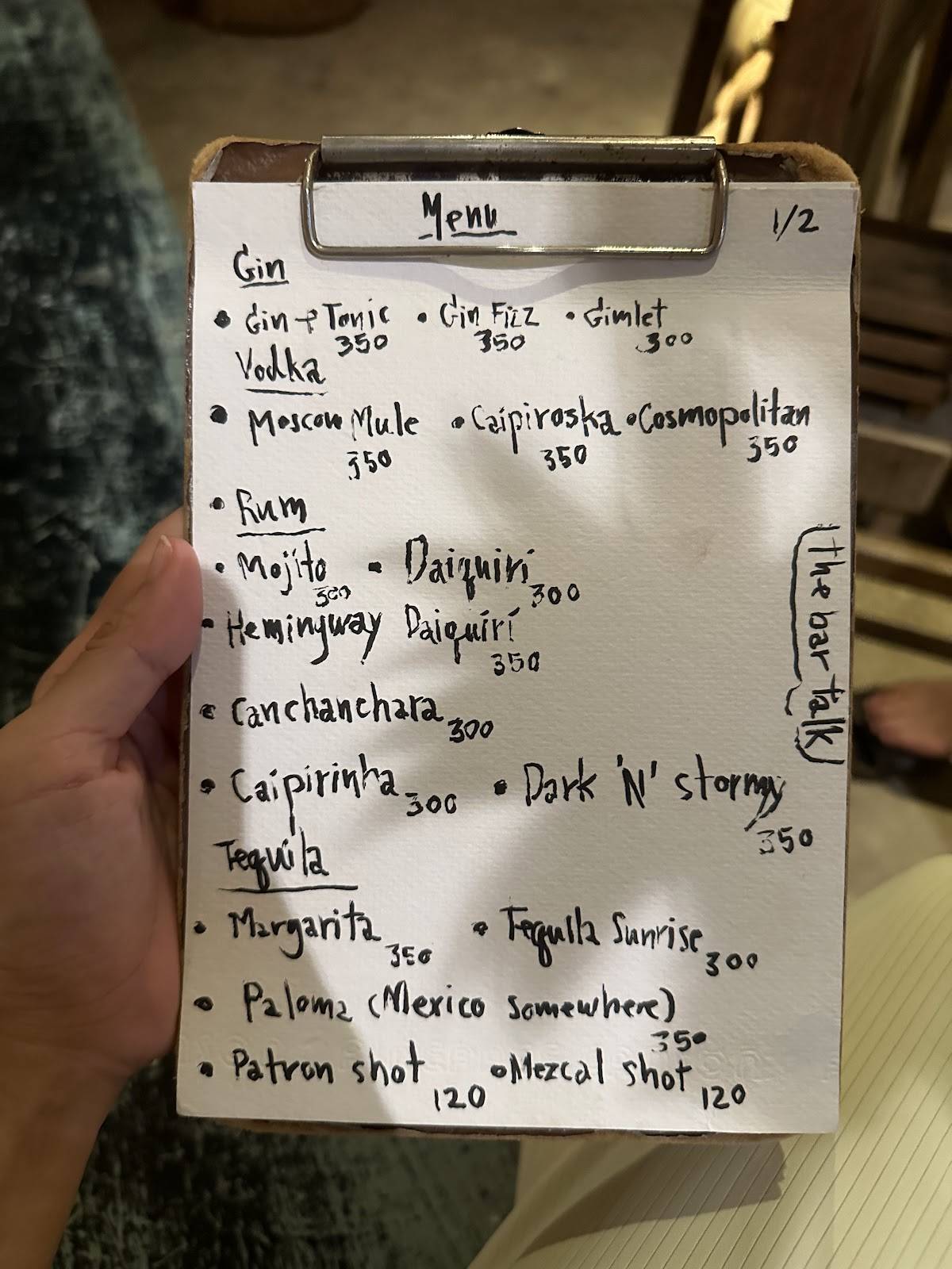 Menu at The Bar Talk, Hua Hin