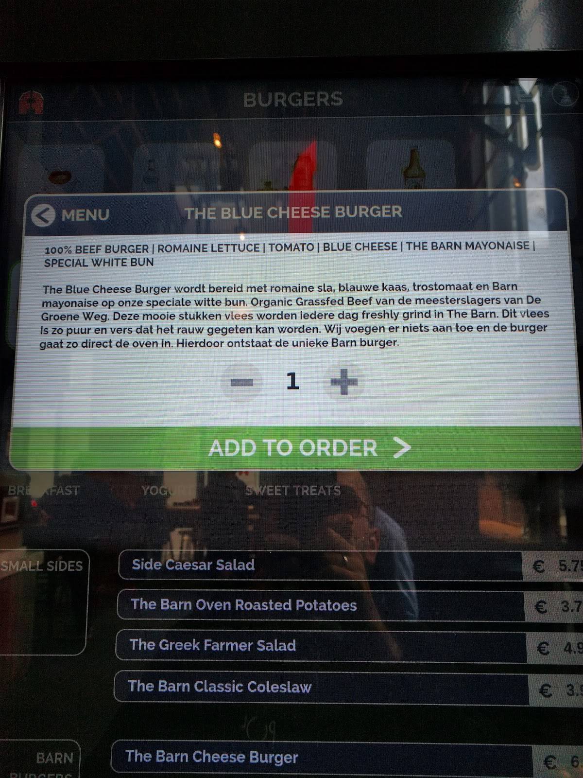 Menu at The Barn, Amsterdam