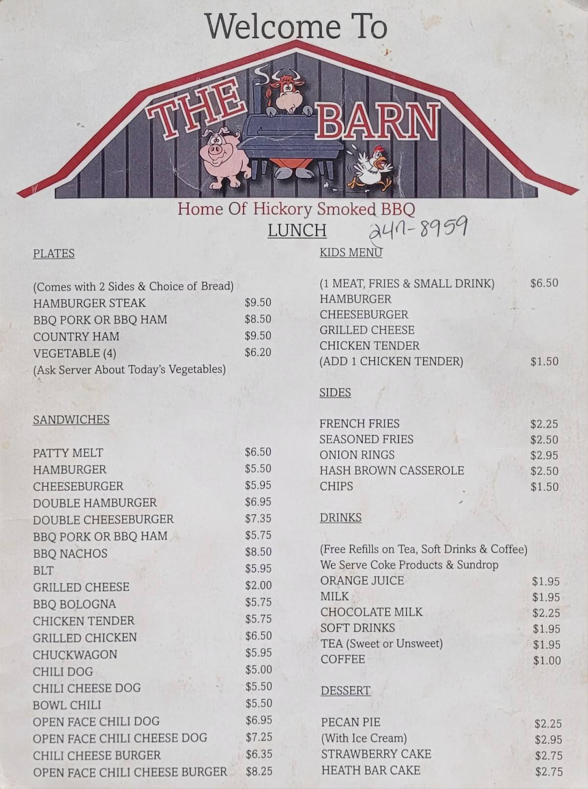 Menu at The Barn, Mayfield