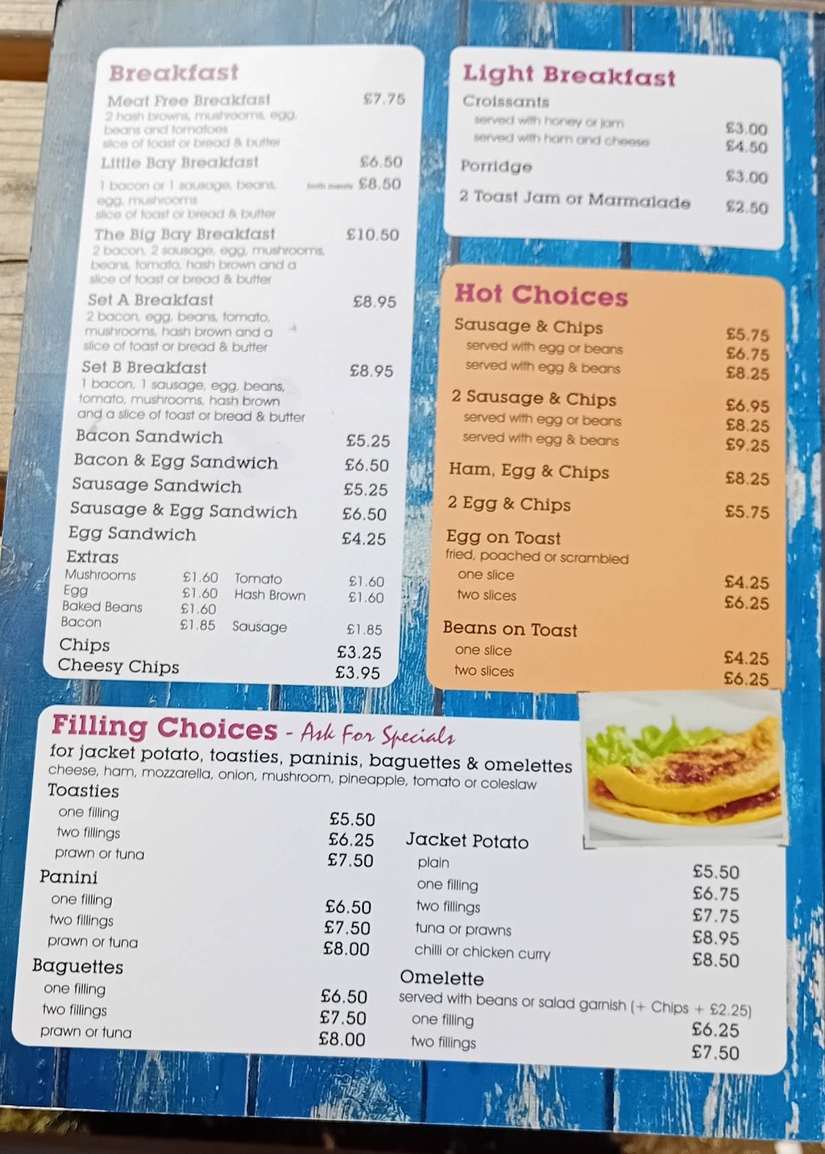 Menu at The Bay Café Seafood restaurant, Canvey Island