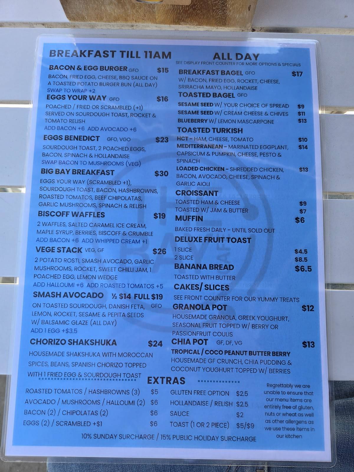 Menu at The Bay Sandgate cafe, Sandgate