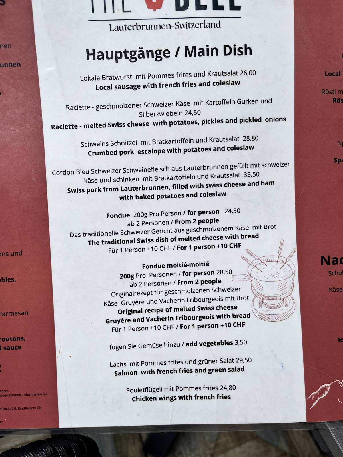 Menu at The Bell Restaurant, Lauterbrunnen