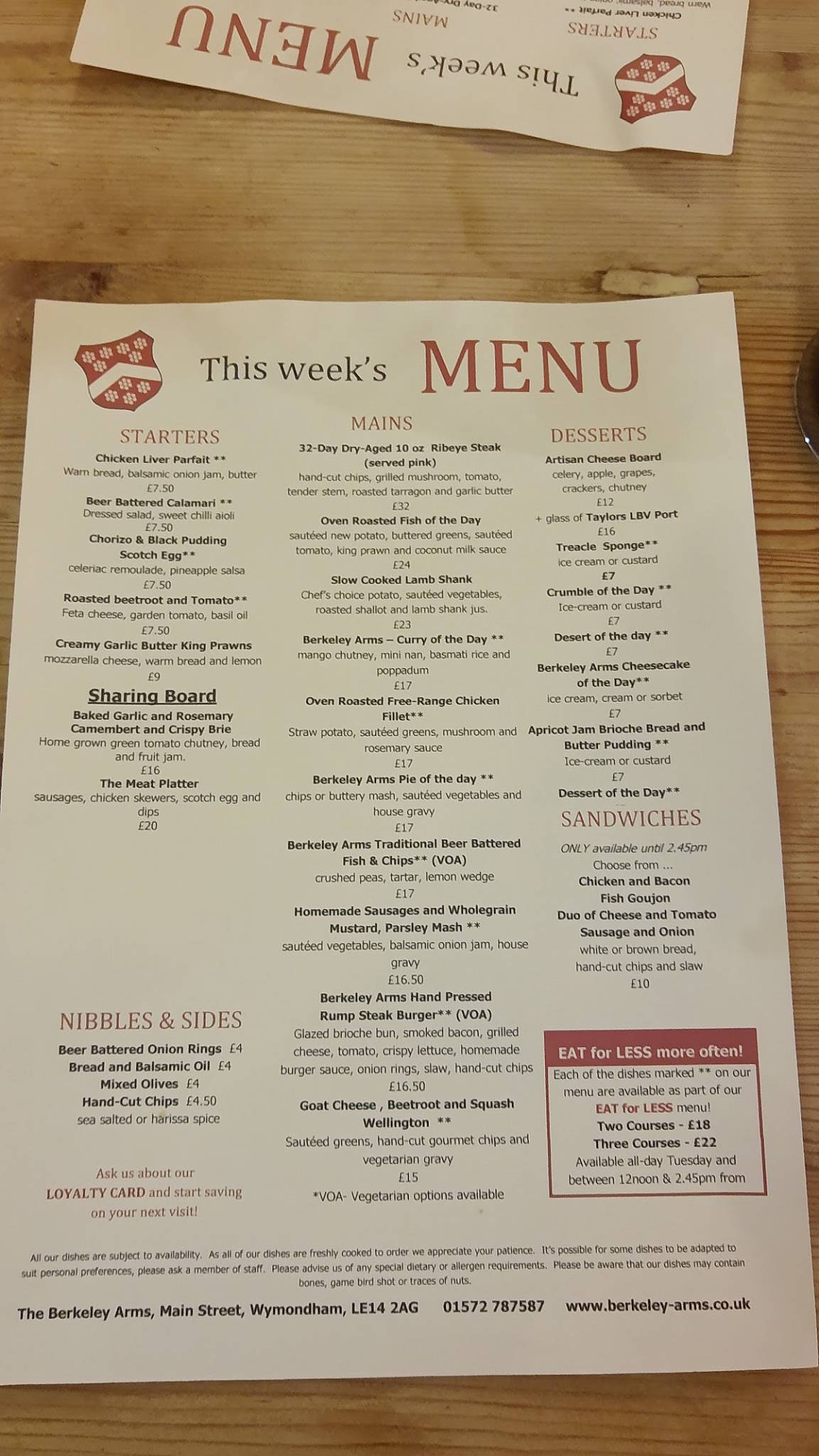 Menu at The Berkeley Arms, Wymondham pub & bar, Wymondham, 59 Main St