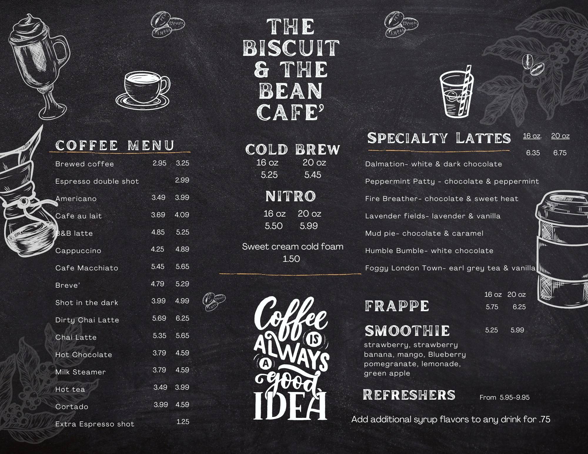 Menu at The Biscuit & The Bean Cafe, Winterville