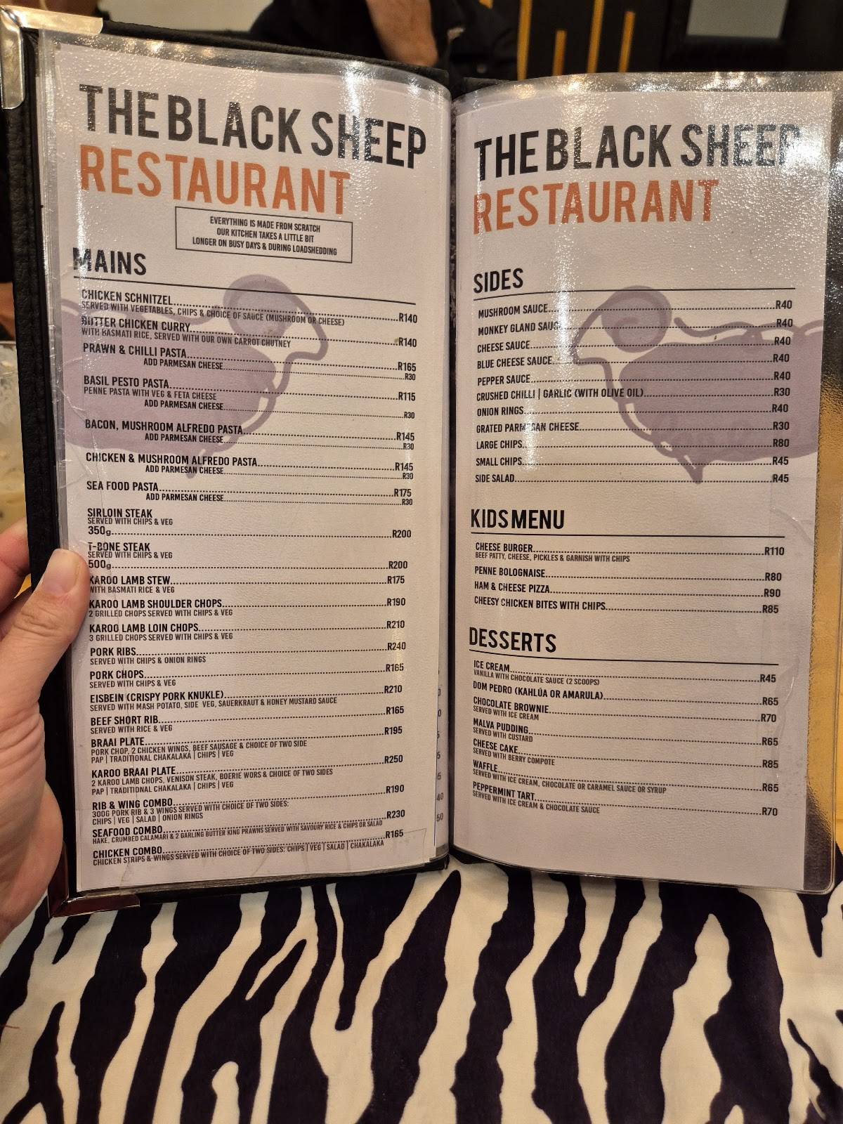 Menu at The Black Sheep Restaurant, Cradock