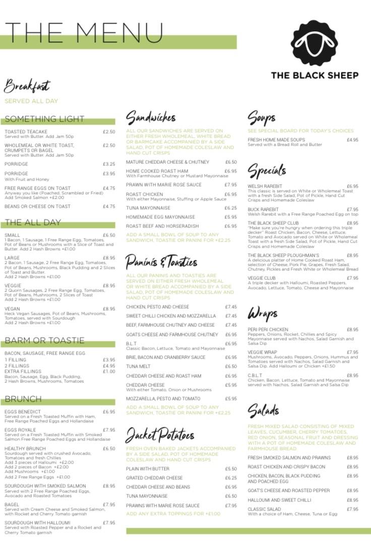 Menu at The Black Sheep Tea Room cafe, Lytham Saint Annes