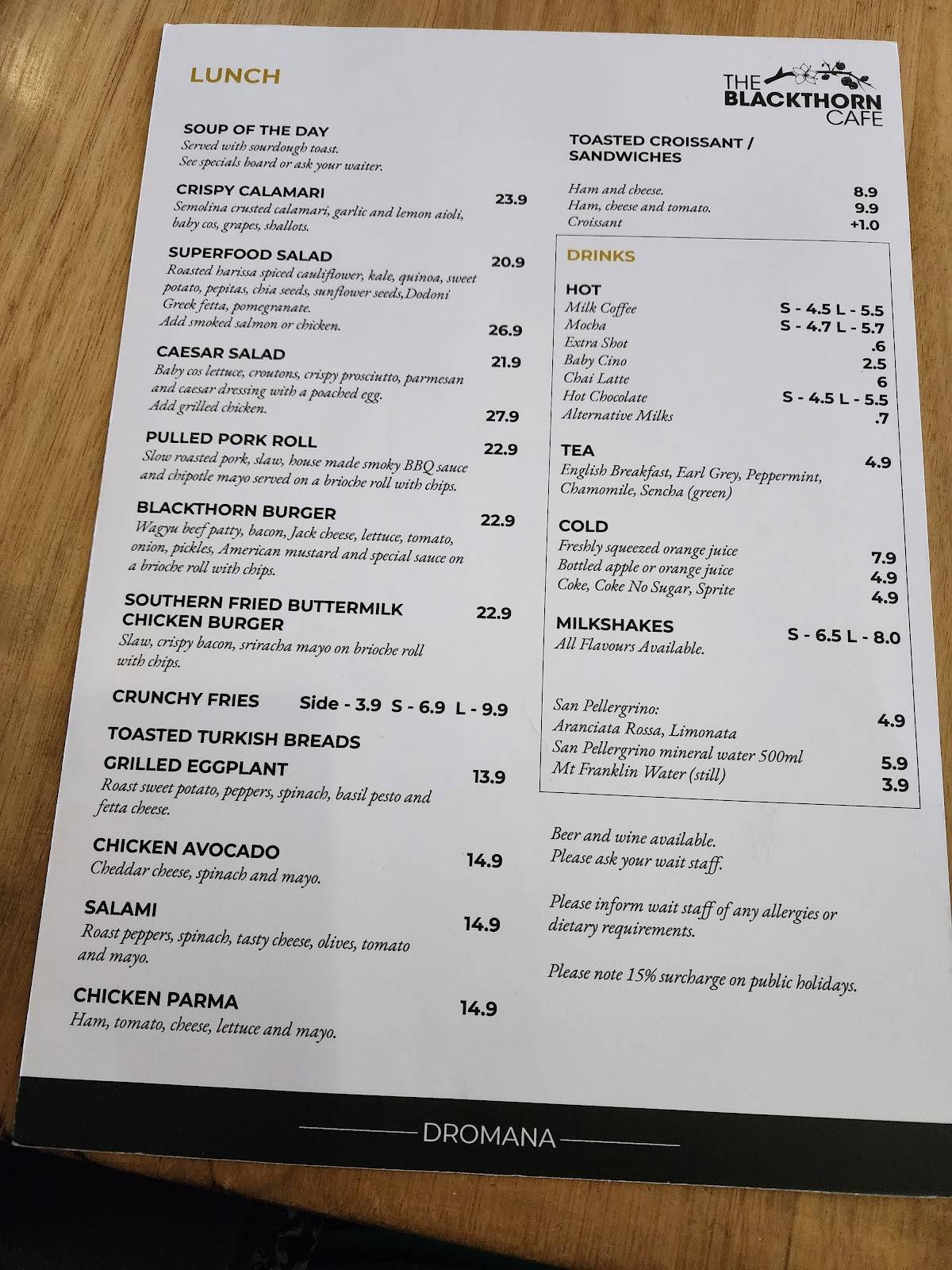 Menu at The Blackthorn Cafe, Dromana