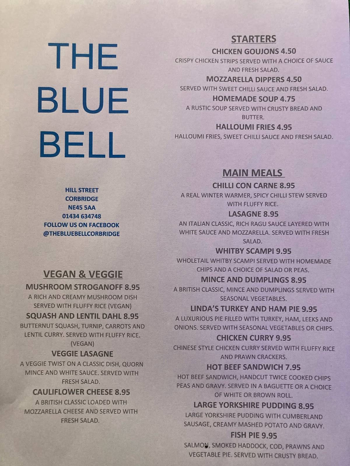 Menu at The Blue Bell pub & bar, Corbridge