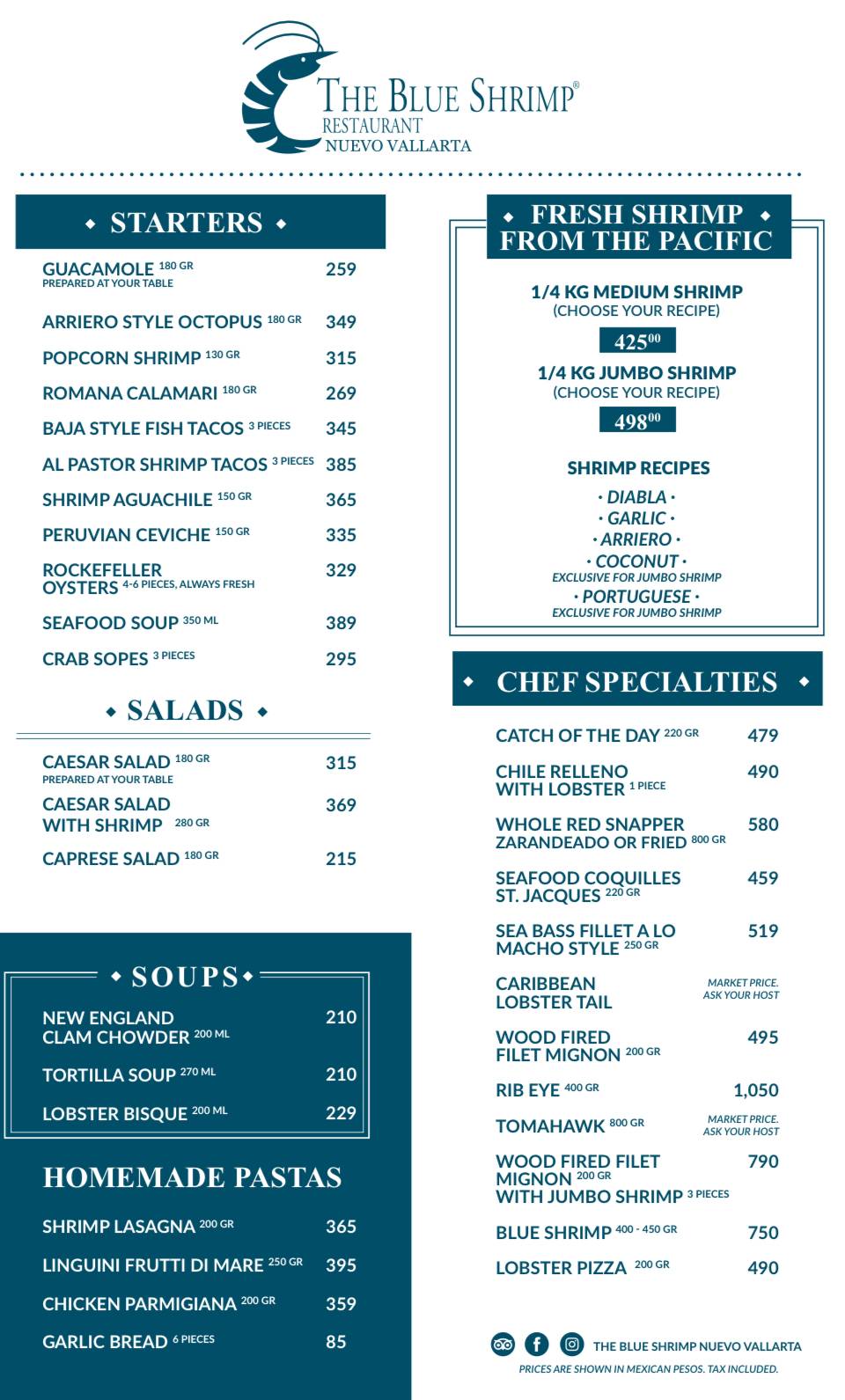 Menu at The Blue Shrimp Embarcadero, Jarretaderas
