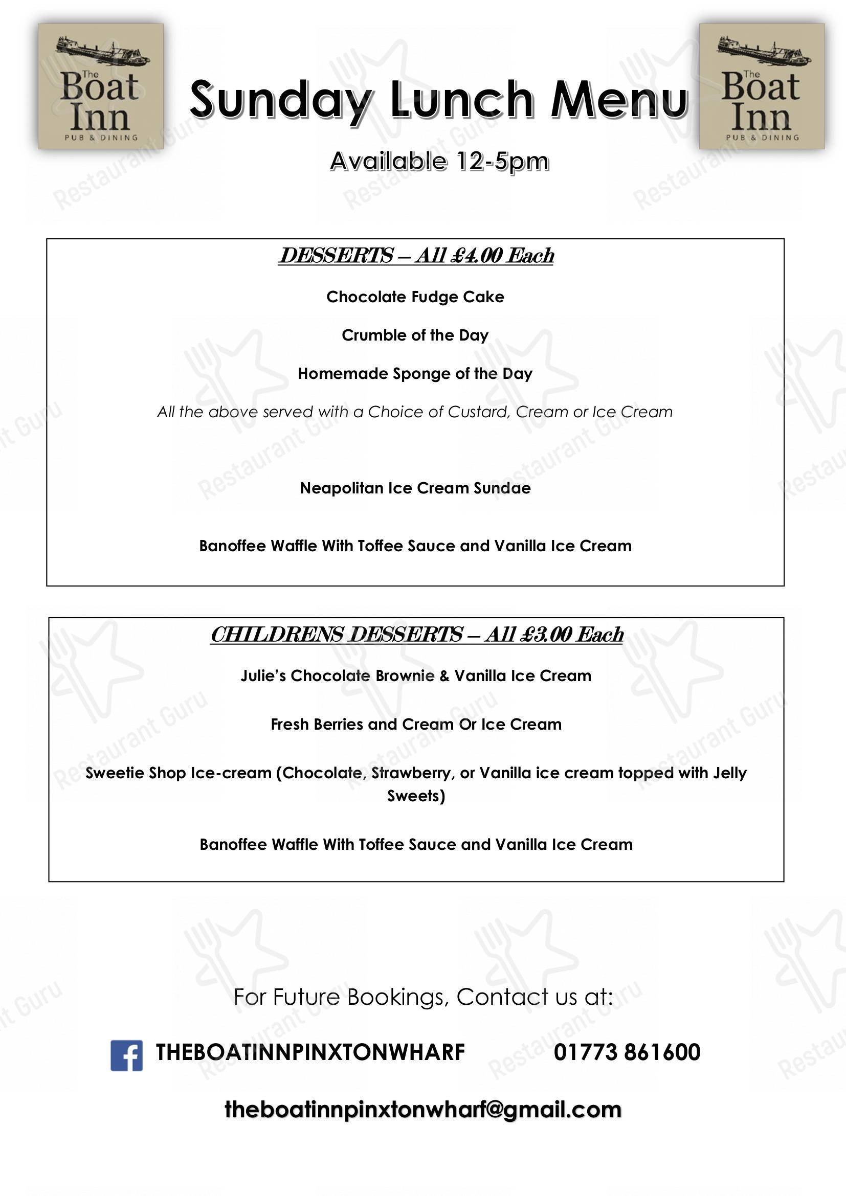 Menu at The Boat Inn restaurant, Sutton-in-Ashfield