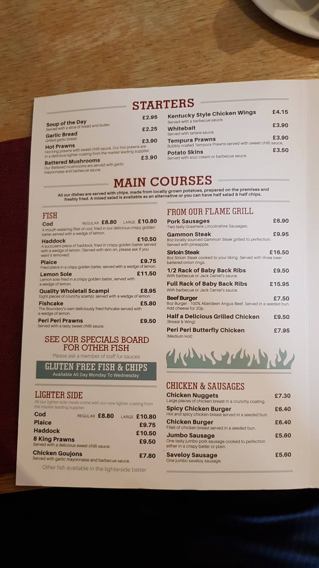 Menu at The Boundary Fish & Chips restaurant, Peterborough