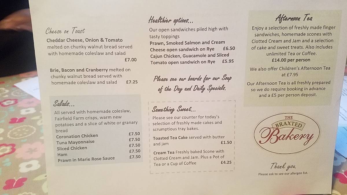 Menu at The Braxted Bakery, Witham