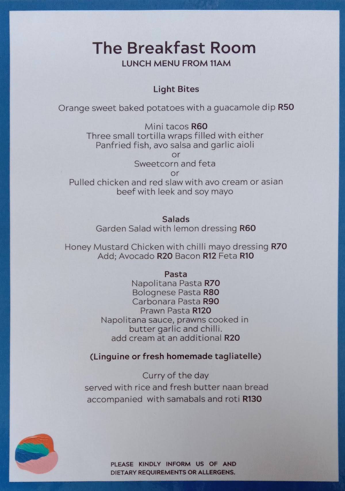 Menu at The Breakfast Room restaurant, Durban