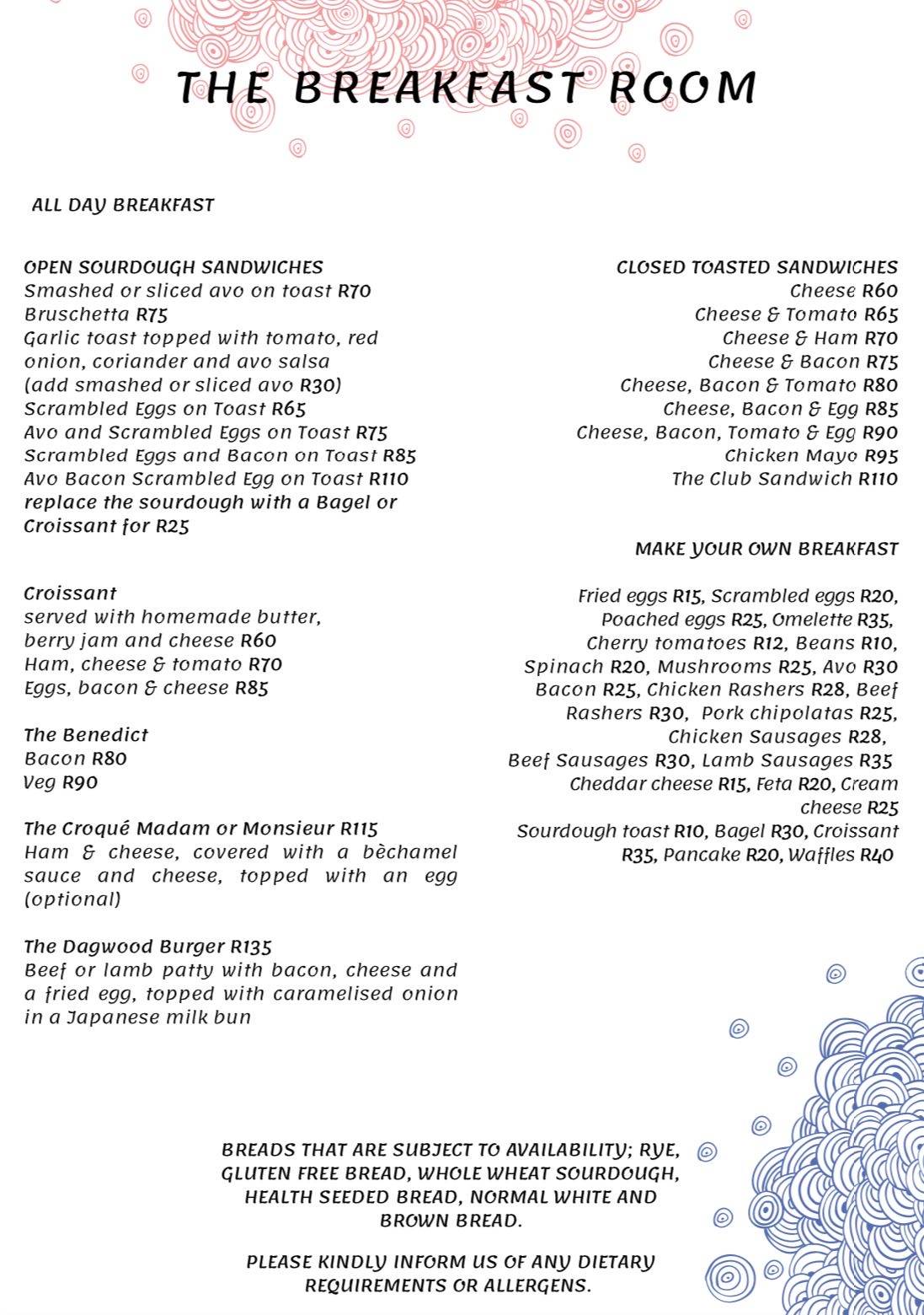 Menu at The Breakfast Room restaurant, Durban
