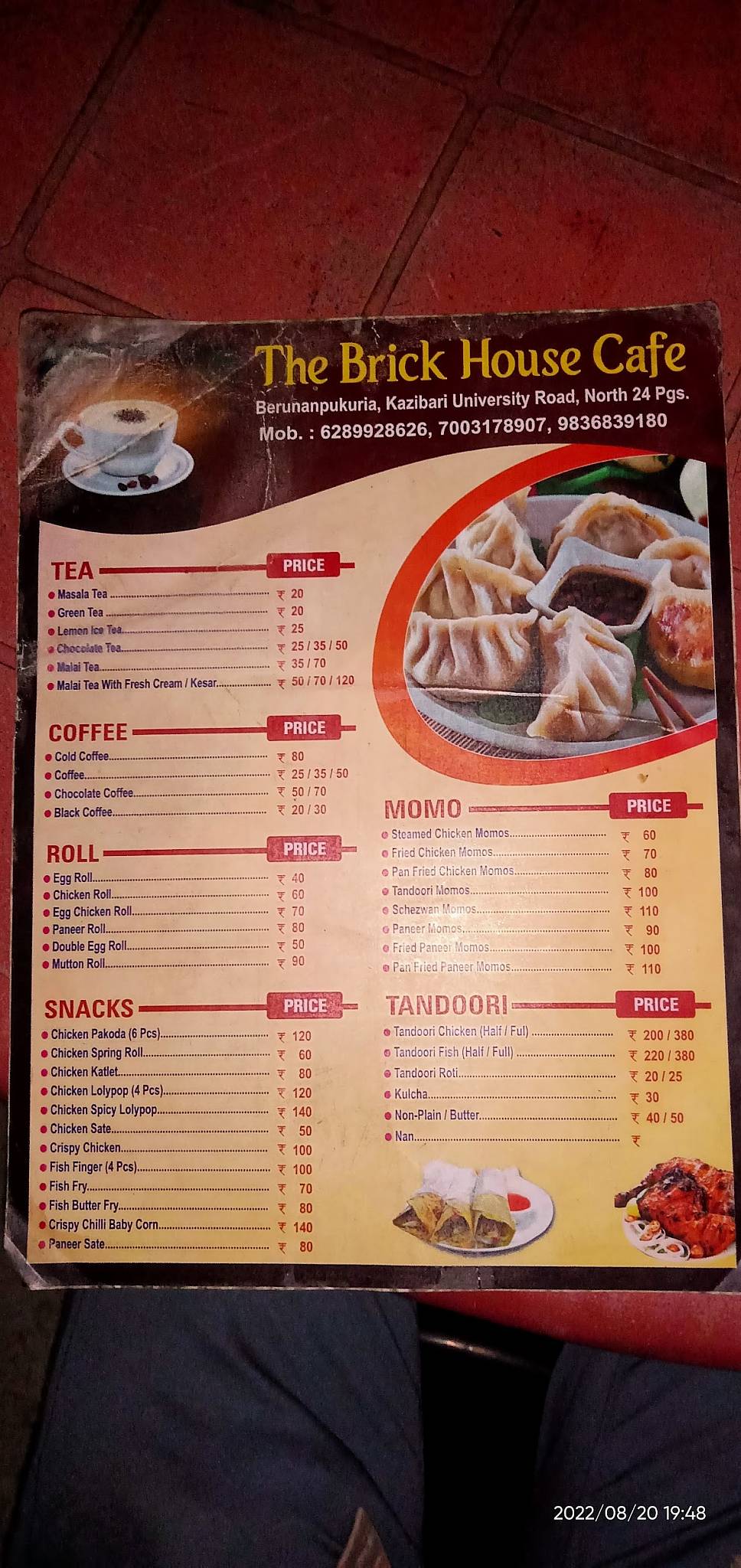 Menu at The Brick House cafe, Kolkata