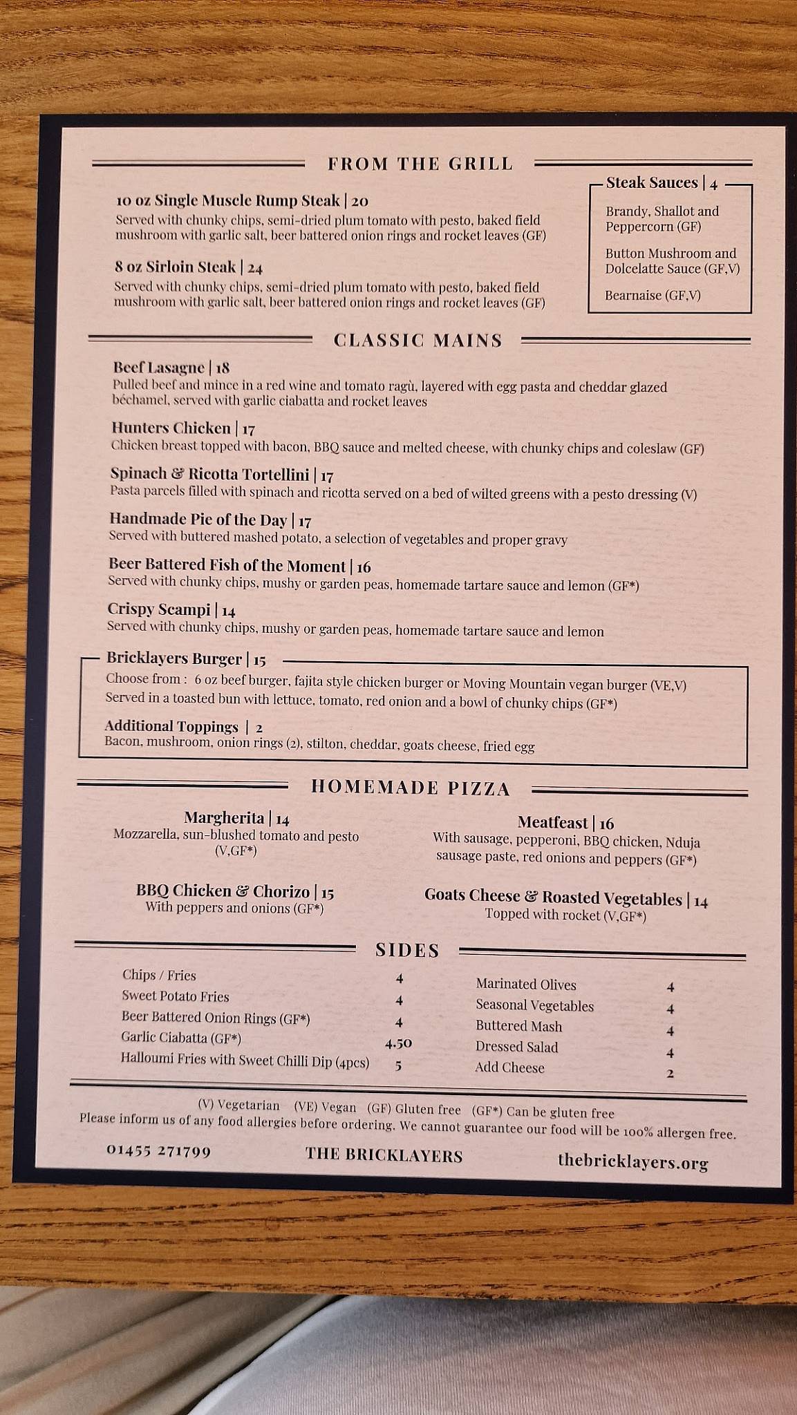 Menu at The Bricklayers pub & bar, Burbage