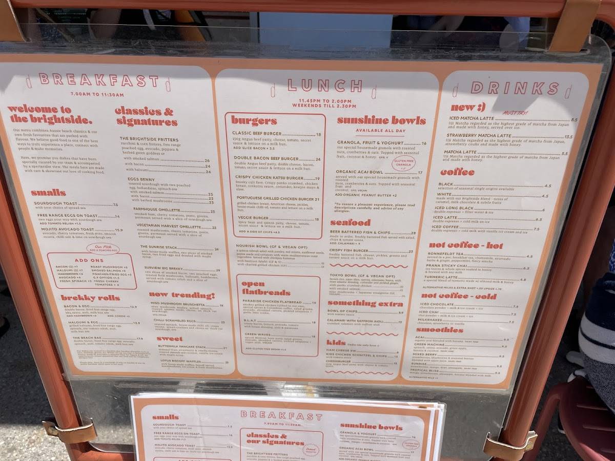 Menu at The Brightside Cafe, Mona Vale