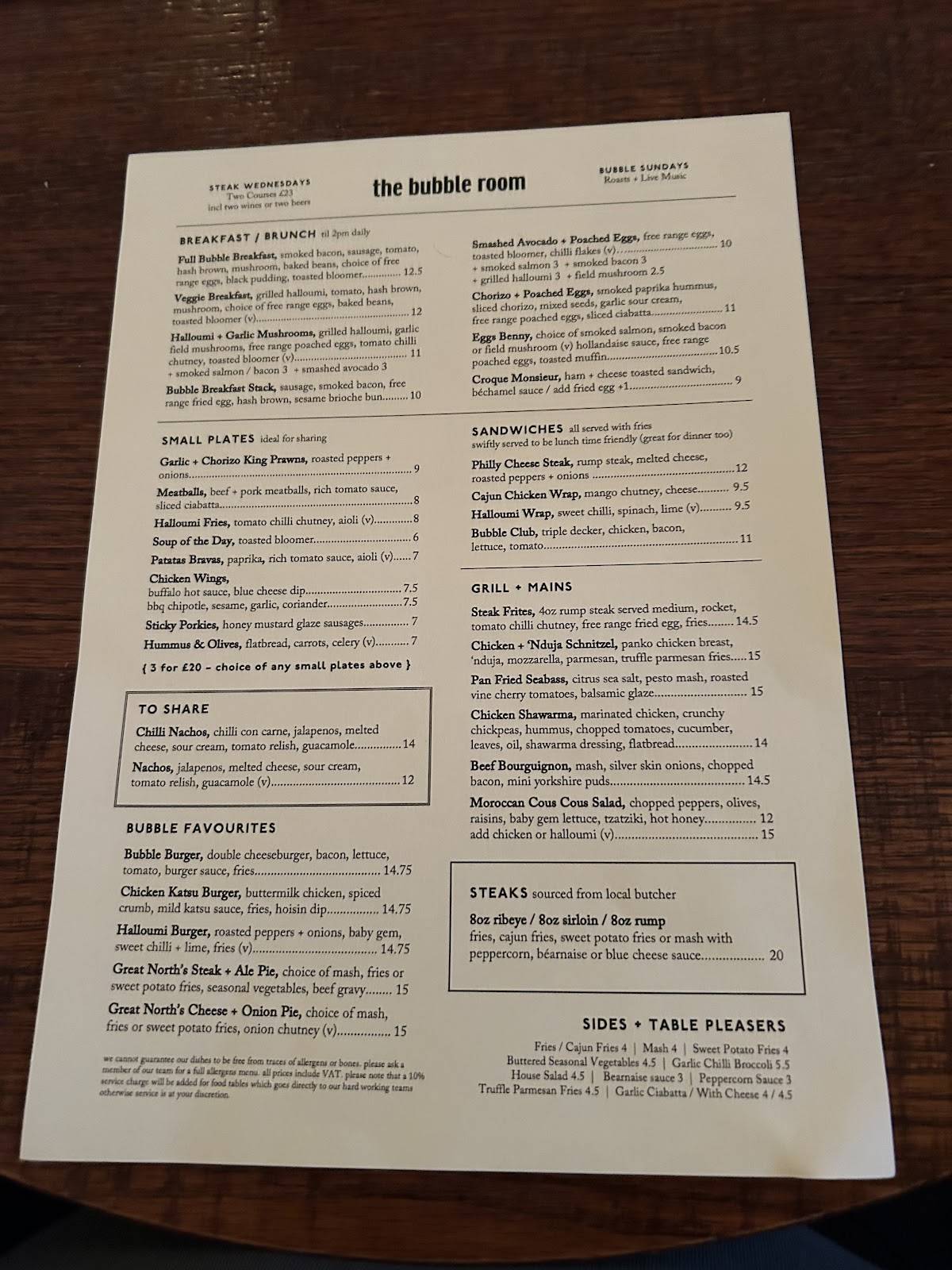 Menu at The Bubble Room pub & bar, Alderley Edge