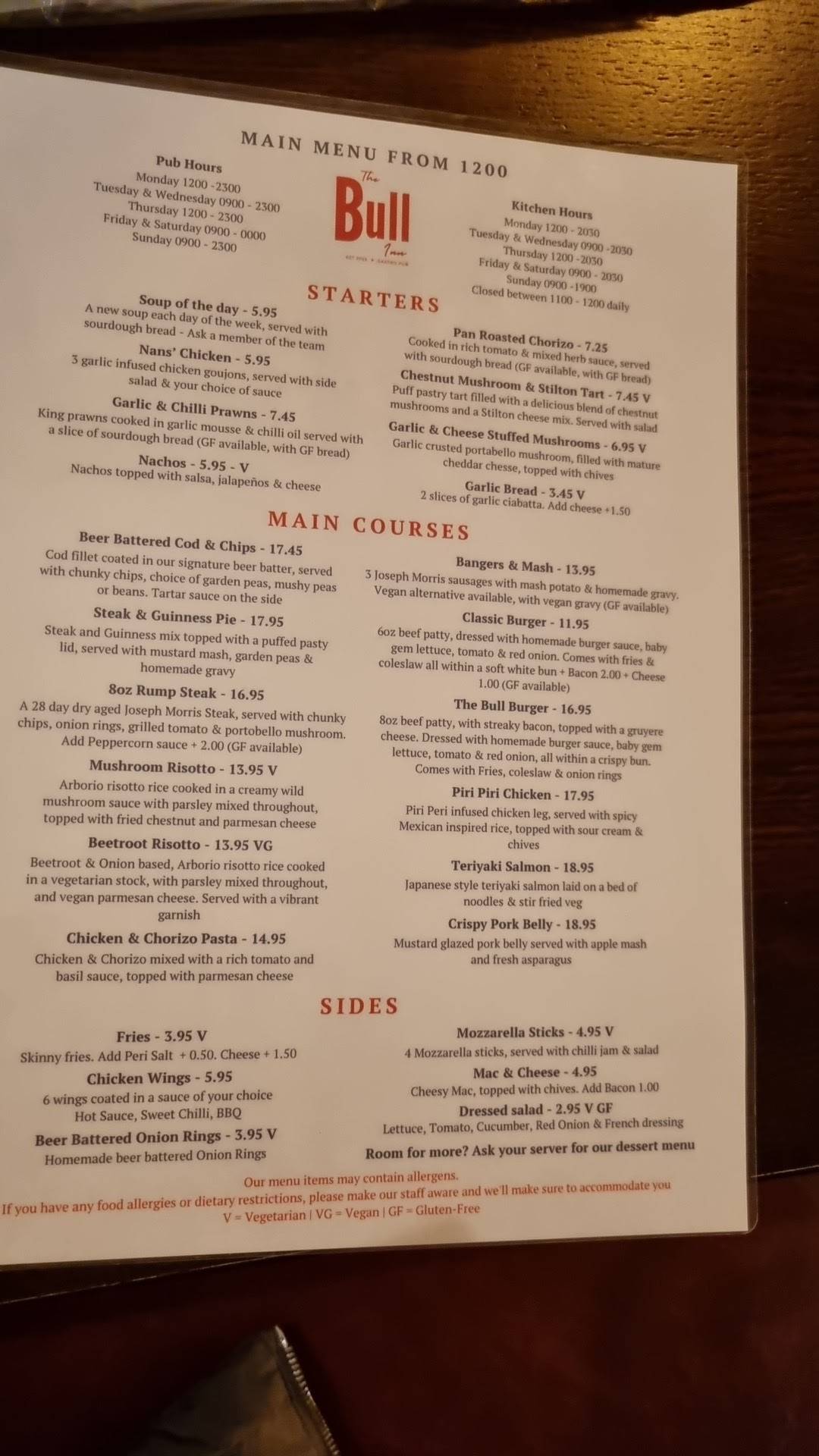 Menu at The Bull Inn. Clifton-upon-Dunsmore pub & bar, Rugby