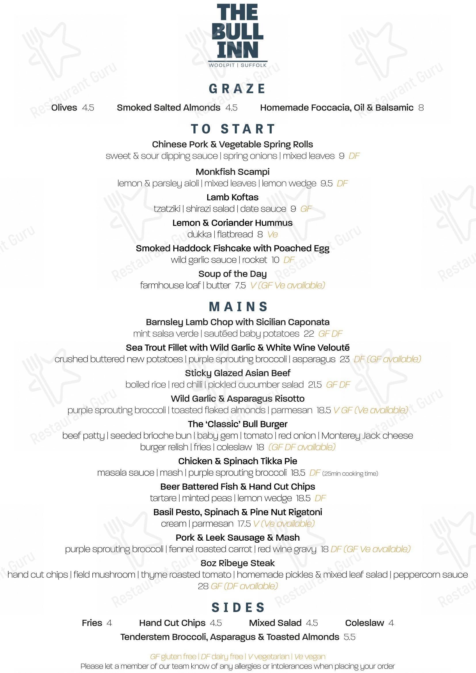 Menu at The Bull Inn restaurant, Woolpit