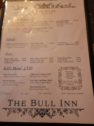 Menu at The Bull Inn restaurant, Bradfield Southend, Cock Lane