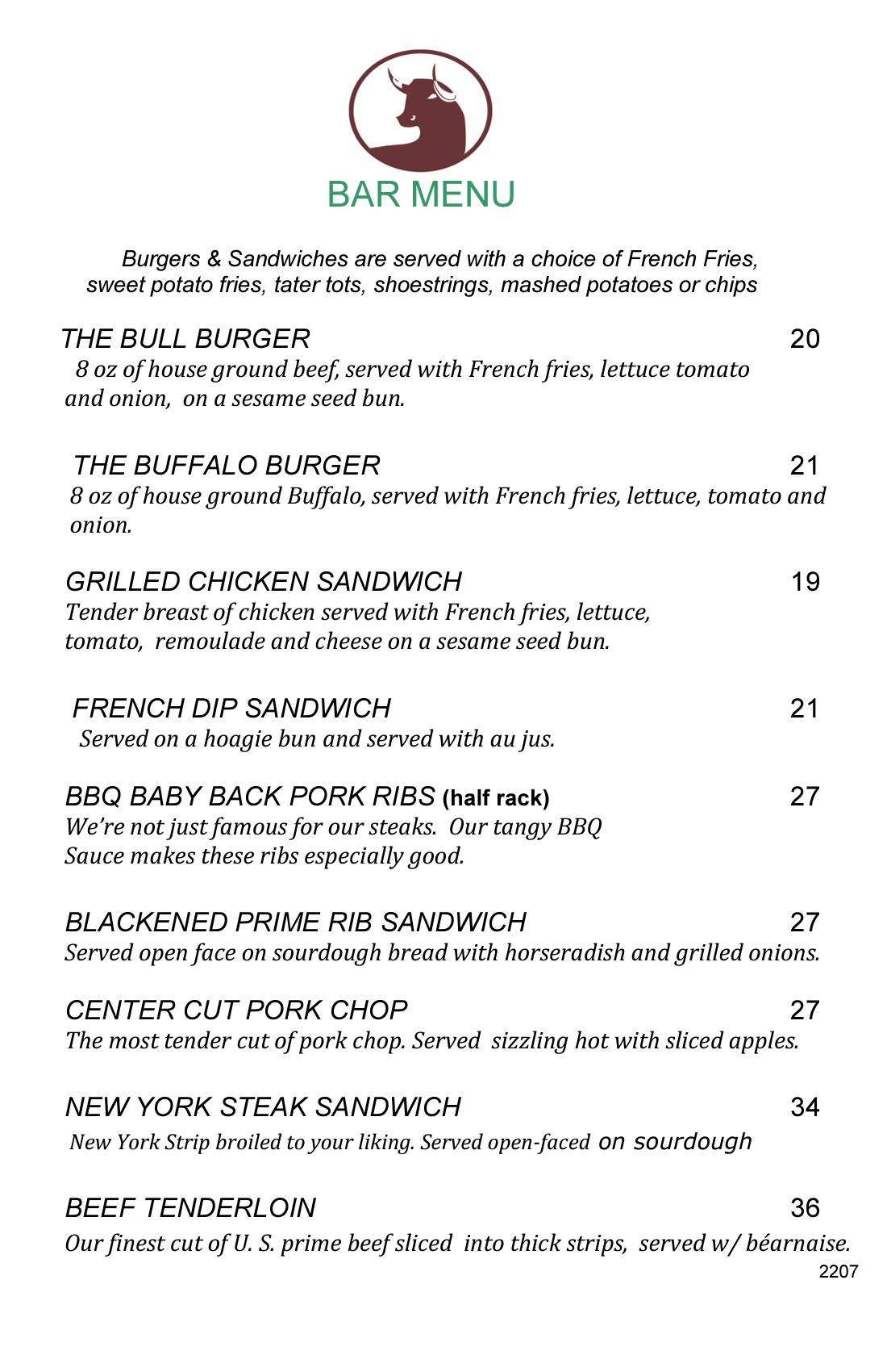 Menu at The Bull Ring steakhouse, Santa Fe, 150 Washington Ave #108