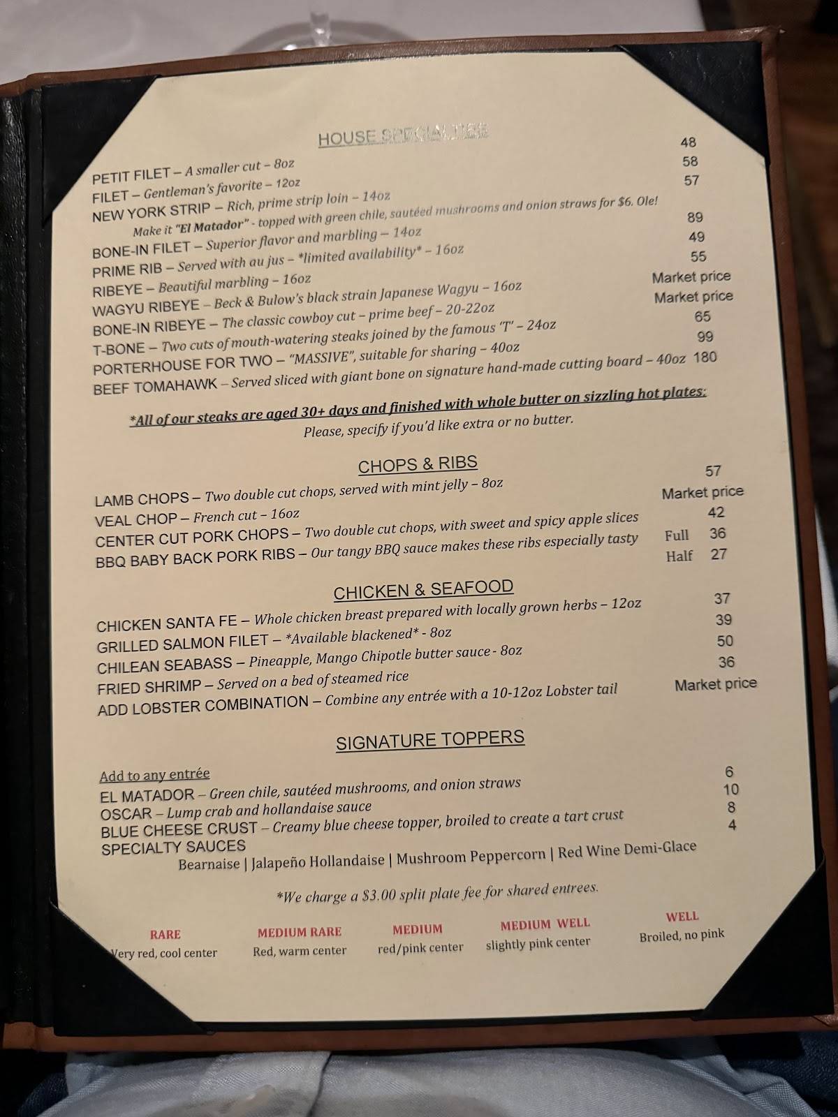 Menu at The Bull Ring steakhouse, Santa Fe, 150 Washington Ave #108